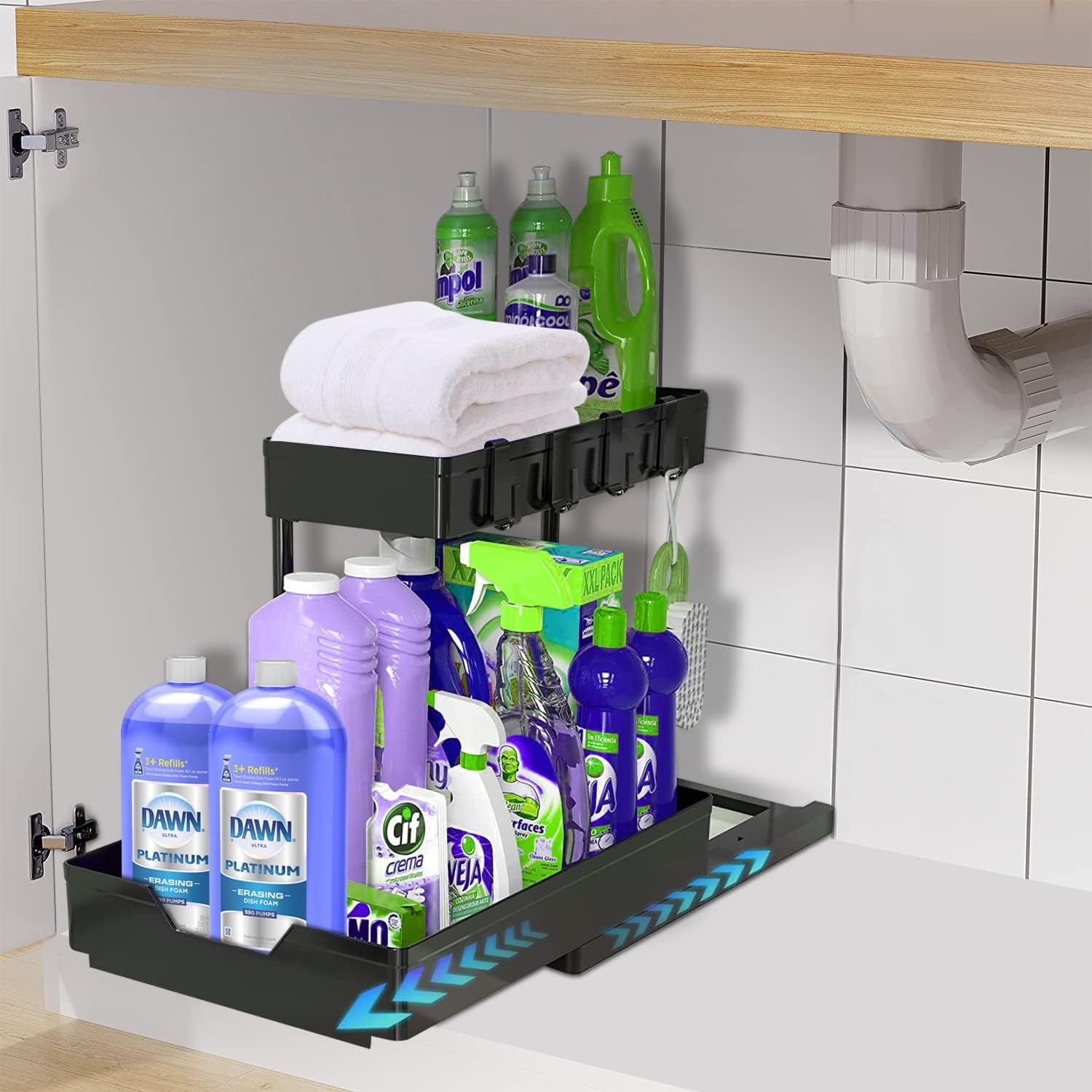 Karlsitek Under Sink Organizers and Storage,2 Pcs Under Sink Organizers,2-Tier L-Shape Bathroom Organizer,Sliding Cabinet Organizer Drawer with 2 Hanging Cups and 8 Hooks for Kitchen Bathroom Office