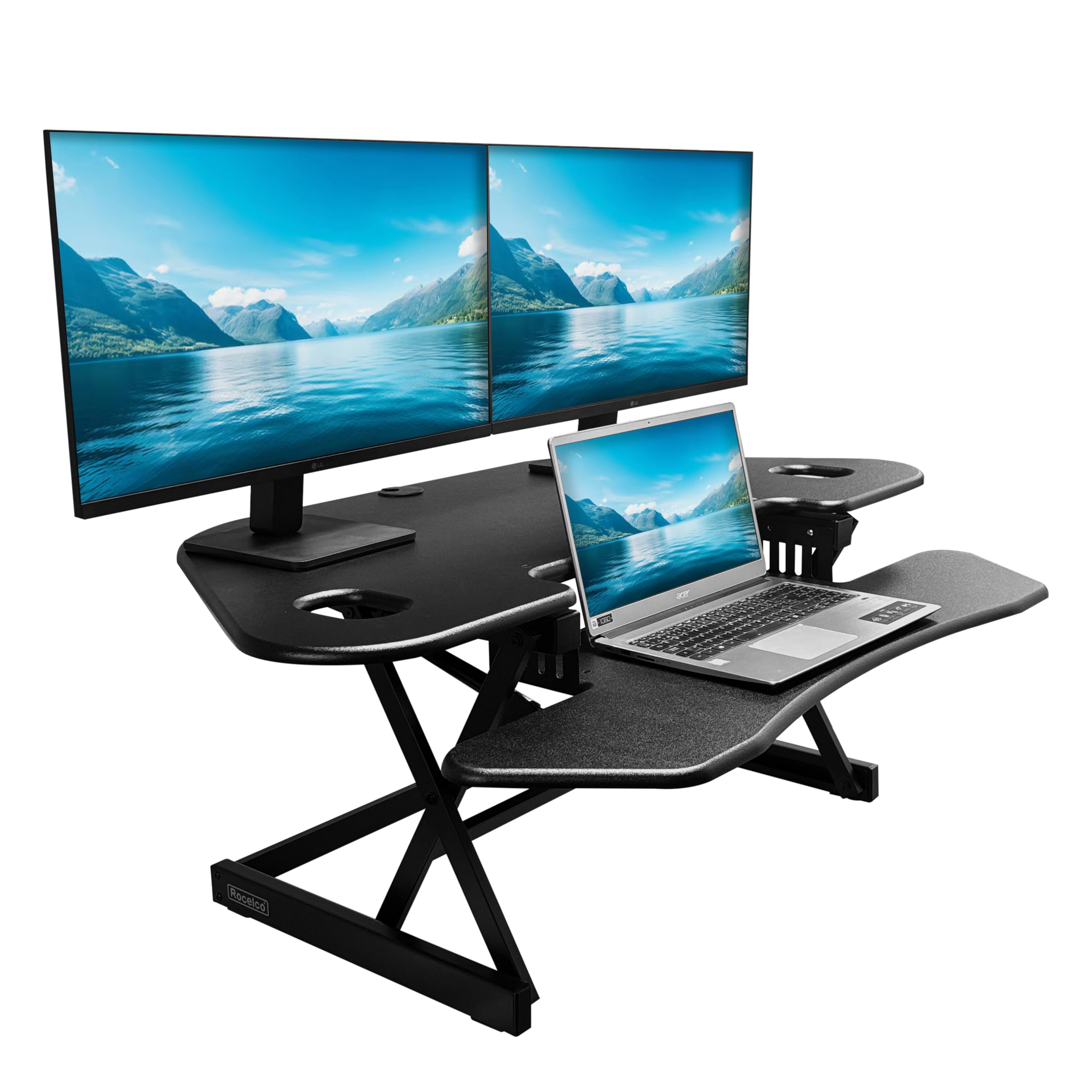 Rocelco 46" Height Adjustable Corner Standing Desk Converter, Quick Sit Standup Dual Monitor Riser, Gas Spring Assist Tabletop Computer Workstation, Large Keyboard Tray, (R CADRB-46), Black