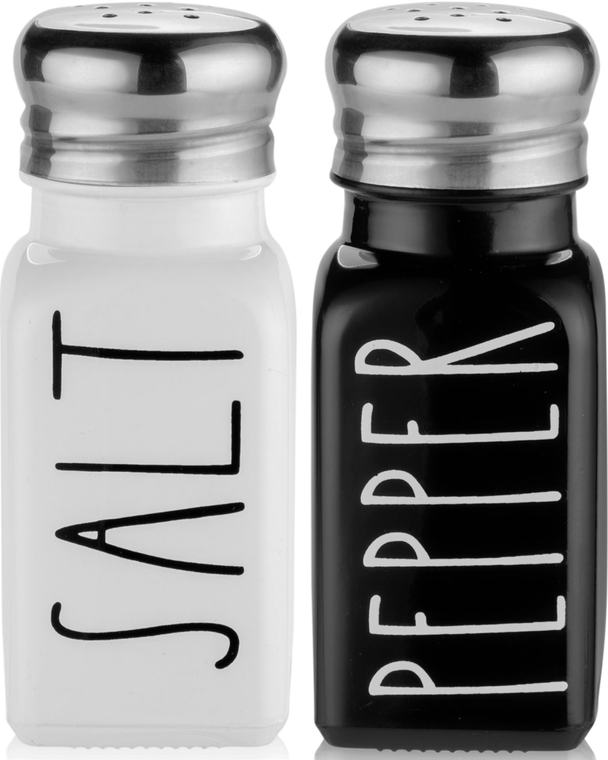 Farmhouse Salt and Pepper Shakers Set by Brighter Barns - Cute Modern Farmhouse Kitchen Decor for Home Restaurants Wedding - Gorgeous Vintage Glass Black White Shaker Sets with Stainless Steel Lids