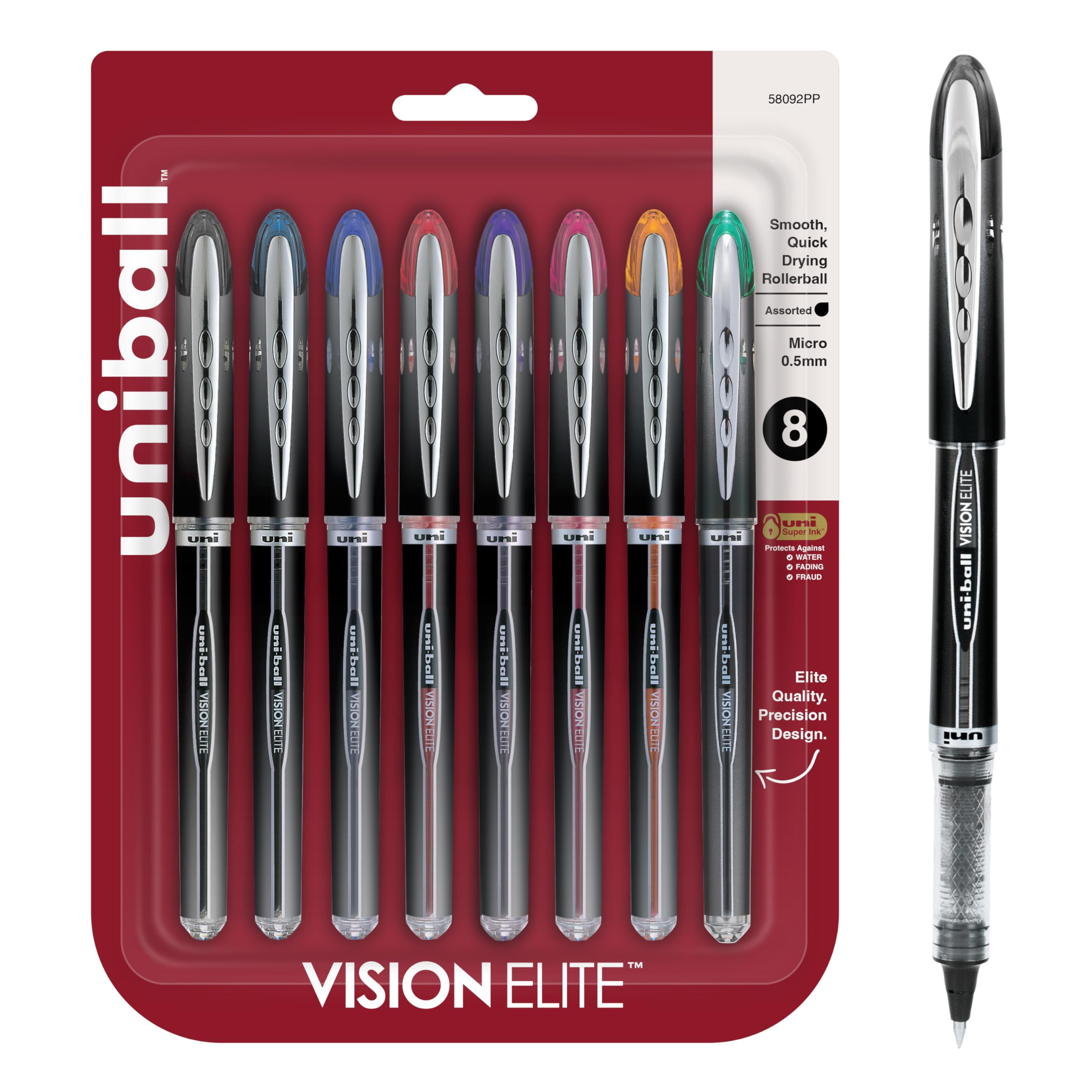 uniball Vision Elite Rollerball Pens with 0.5mm Micro Point Pen Tips, Assorted, 8 Count - Uni-Super Ink is Smooth, Vibrant, and Protects Against Water, Fading, and Fraud