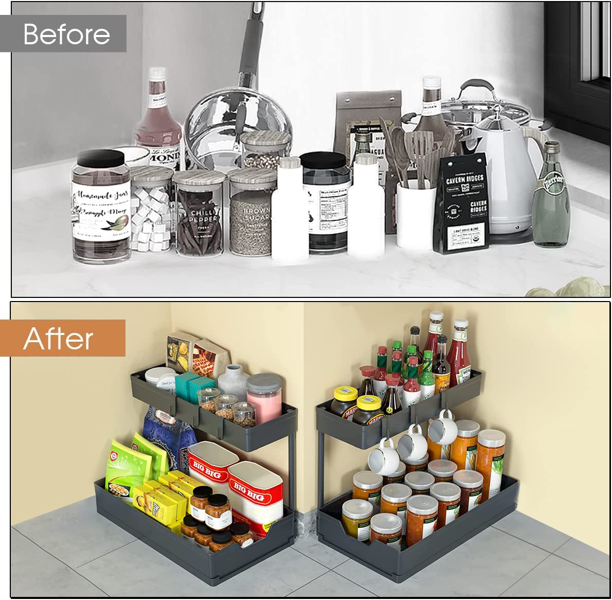 Karlsitek Under Sink Organizers and Storage,2 Pcs Under Sink Organizers,2-Tier L-Shape Bathroom Organizer,Sliding Cabinet Organizer Drawer with 2 Hanging Cups and 8 Hooks for Kitchen Bathroom Office