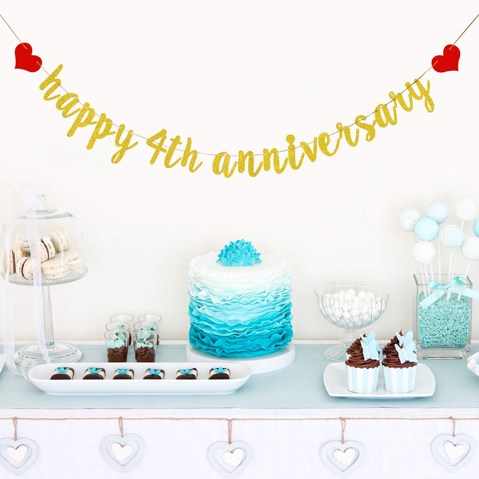 AonBon Gold Happy 4th Anniversary Banner, for 4th Anniversary Party Decoration, 4th Wedding Anniversary Party Decoration Photo Props