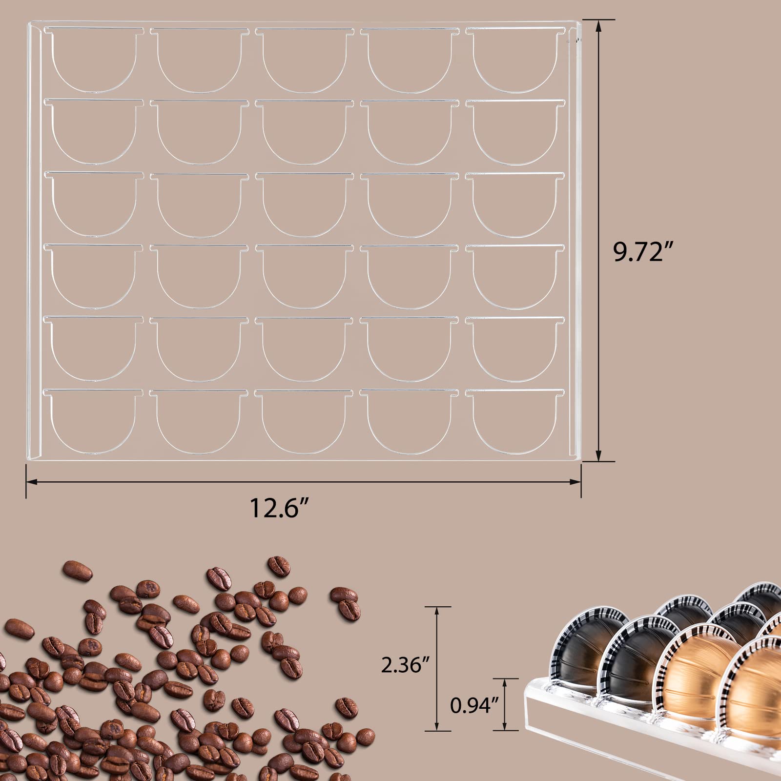 SUMERFLOS Coffee Capsule Storage Tray, Drawer Insert Organizer Holds 30 Pods Compatible with Nespresso Vertuo Vertuoline Capsules Drawer of Kitchen, Home, Office - Clear