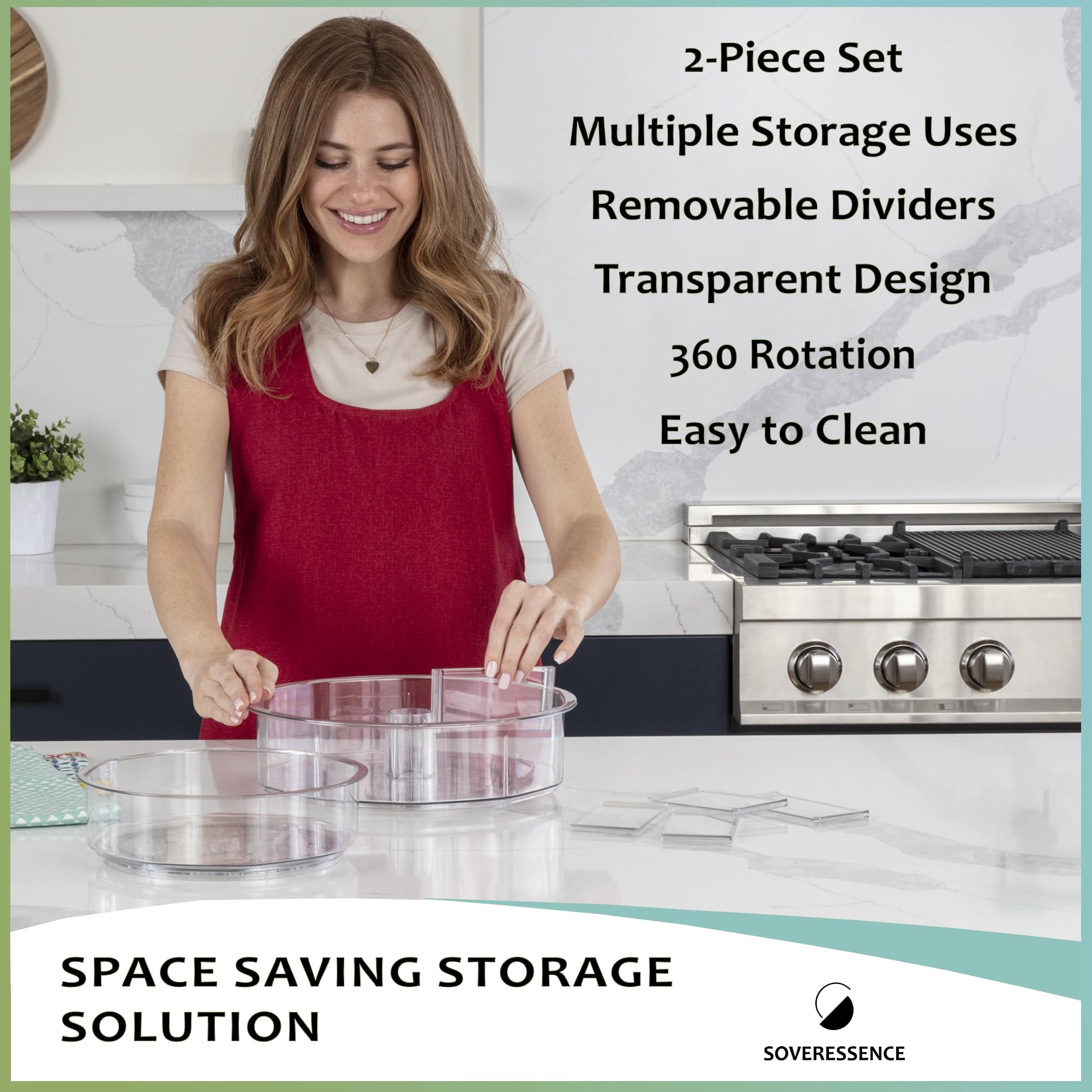Clear Lazy Susan Organizer 12" & 9" Set - Lazy Susan for Refrigerator, Turntable for Cabinet with Removable Dividers, 12 Inch Pantry Lazy Susan, Plastic Turntable Organizer Solution - by Soveressence