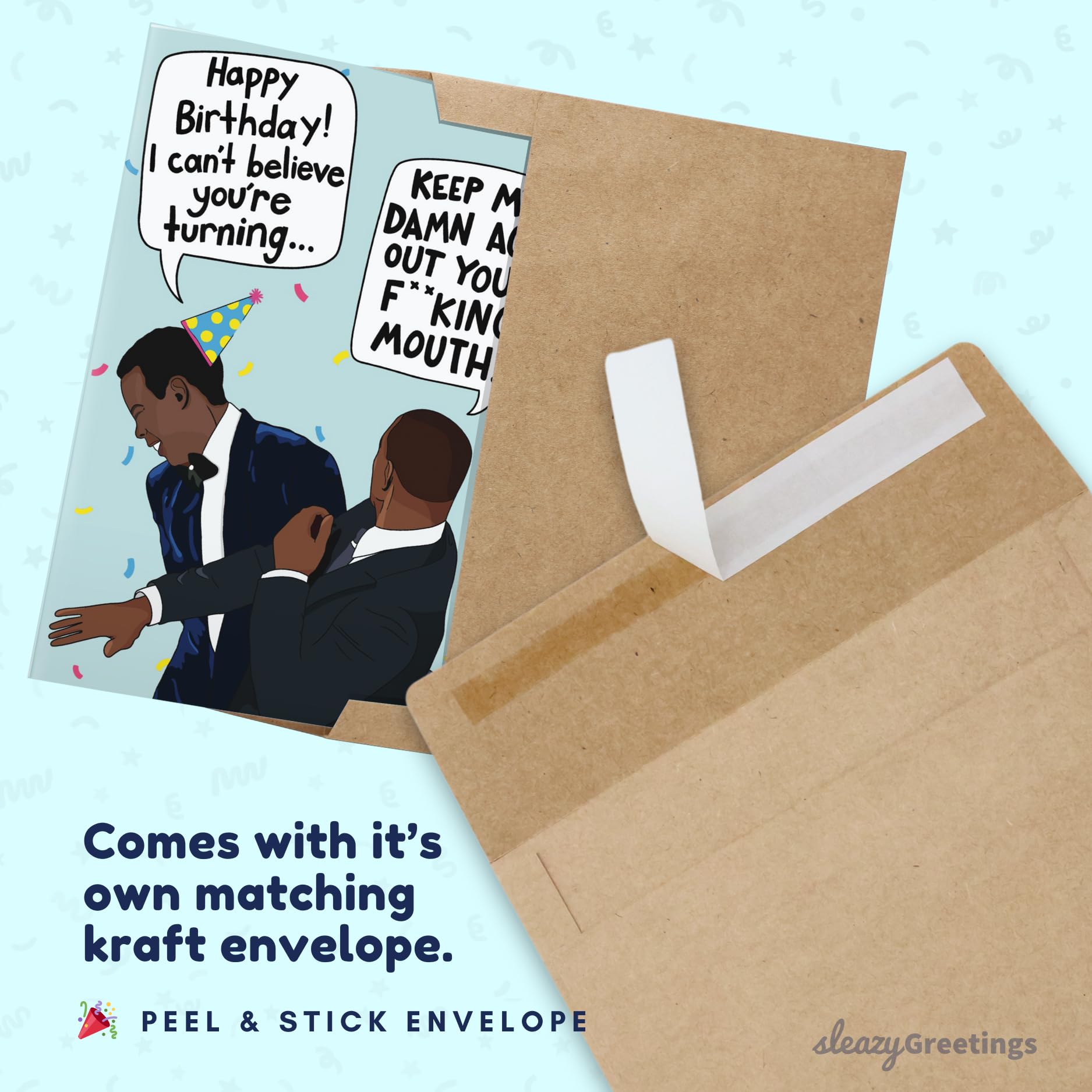 Sleazy Greetings Funny Birthday Card Meme For Him Her Men Women | Keep My Age Out Your Mouth Slap | Will Smith Slaps Chris Rock Happy Birthday Card