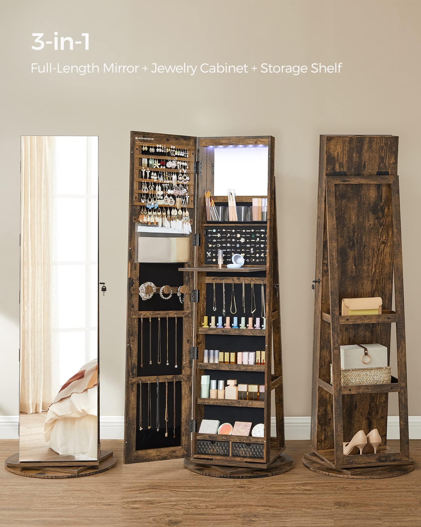 SONGMICS 6 LEDs Lockable Mirror Jewelry Cabinet, 360°Swivel Jewelry Organizer, Standing Jewelry Armoire, Frameless Full-Length Mirror, 3 Storage Shelves, Rustic Brown Surface, Black Lining UJJC007X01