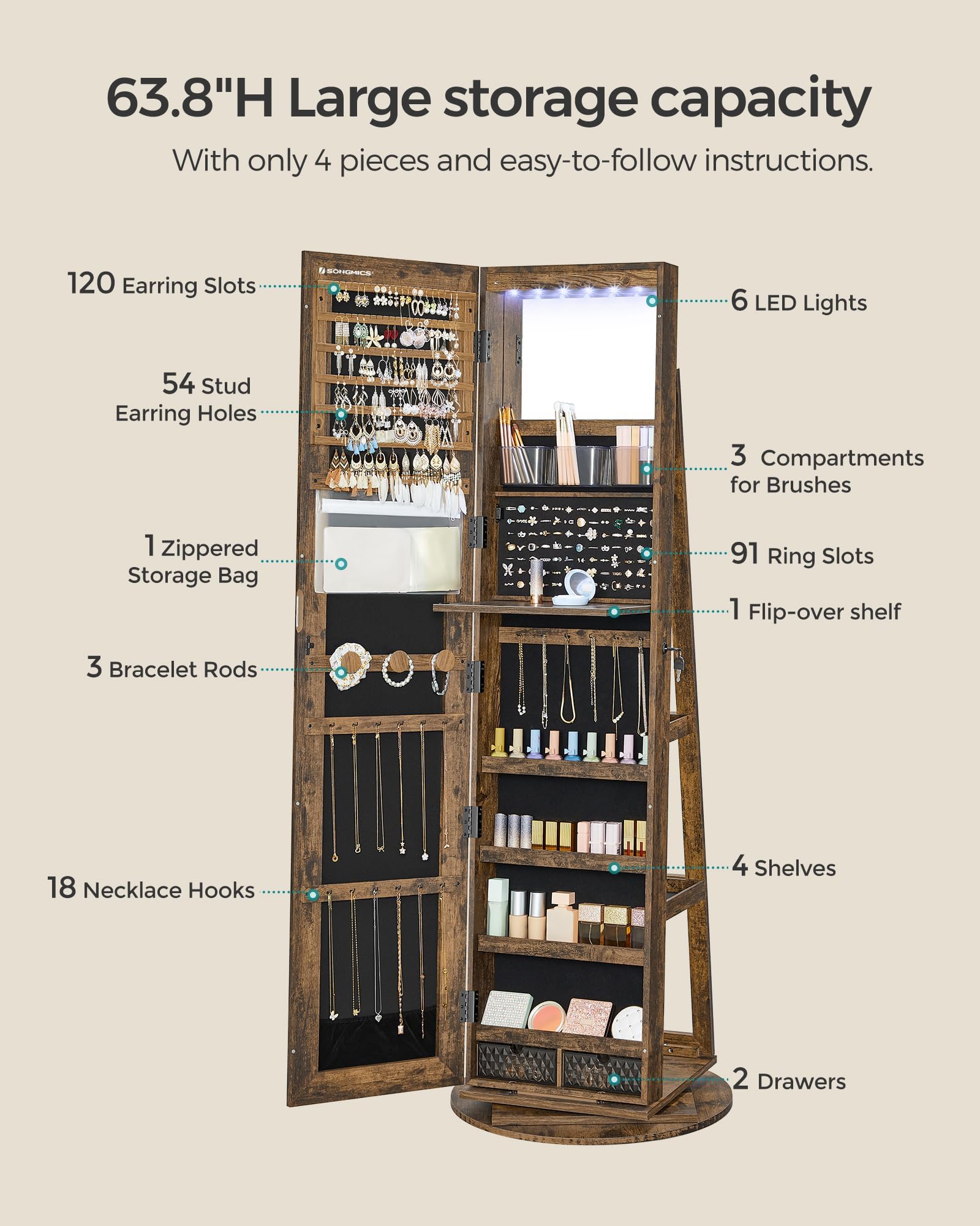 SONGMICS 6 LEDs Lockable Mirror Jewelry Cabinet, 360°Swivel Jewelry Organizer, Standing Jewelry Armoire, Frameless Full-Length Mirror, 3 Storage Shelves, Rustic Brown Surface, Black Lining UJJC007X01