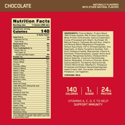 Optimum Nutrition Gold Standard Protein Shake, 24g Protein, Ready to Drink Protein Shake, Gluten Free, Vitamin C for Immune Support, Chocolate, 11 Fl Oz, 12 Count