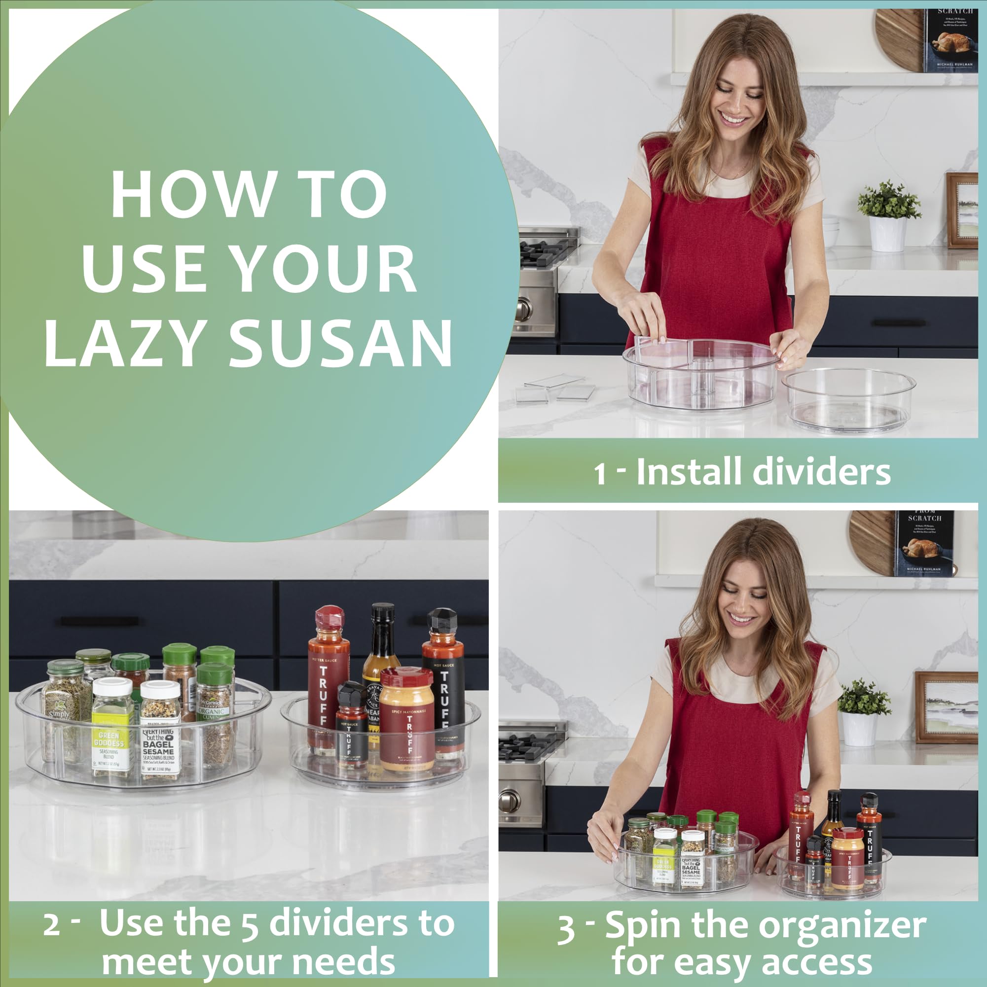 Clear Lazy Susan Organizer 12" & 9" Set - Lazy Susan for Refrigerator, Turntable for Cabinet with Removable Dividers, 12 Inch Pantry Lazy Susan, Plastic Turntable Organizer Solution - by Soveressence