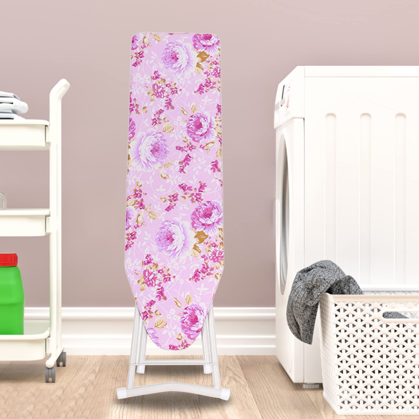 AOKID Ironing Board, 36 x 12 Inch Full Size Standard Iron Board with Pink Printing Wood Cover, Height Adjusable Space Saving Small Ironing Board Heavy Duty Metal Legs Iron Table for Laundry Room, Dorm