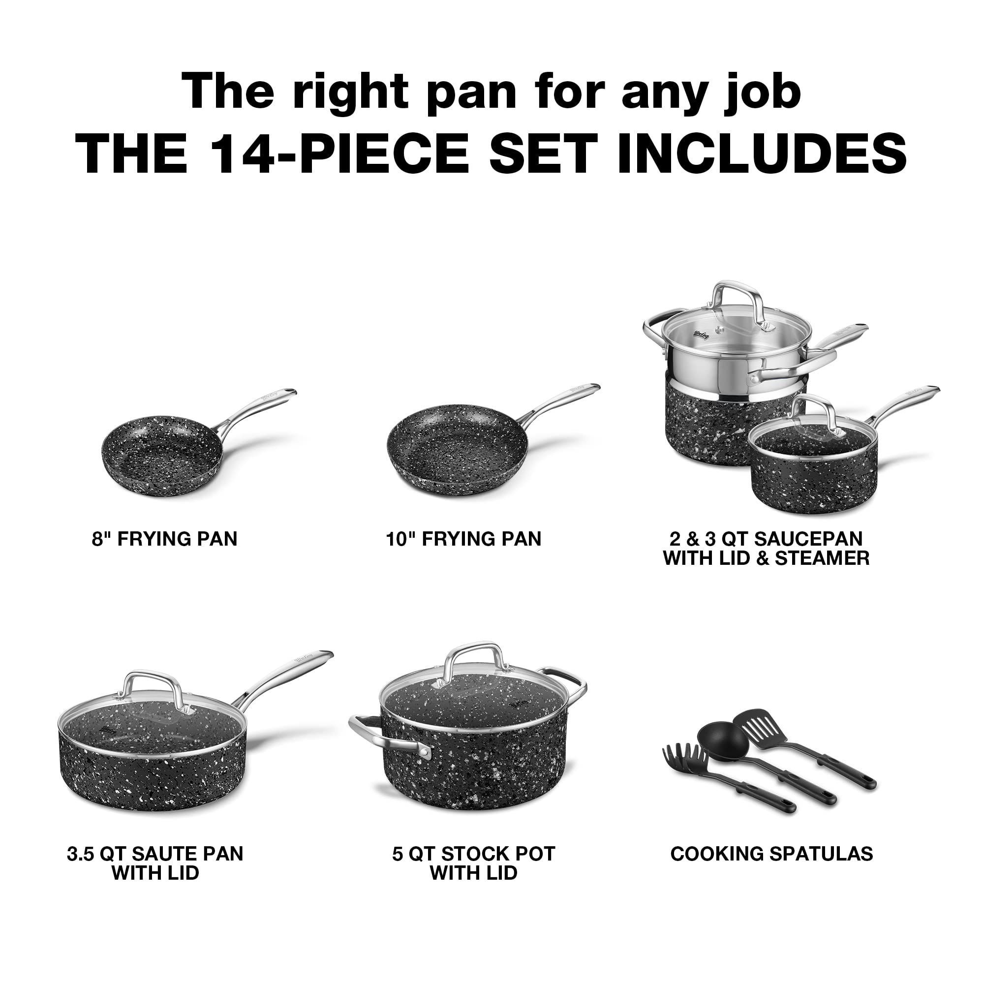 HLAFRG Cookware Set with Premium Non-Stick Coating, Pots and Pans with Stainless steel Handles, Oven Safe and Induction Compatible, 14 Piece Set, Black Granite