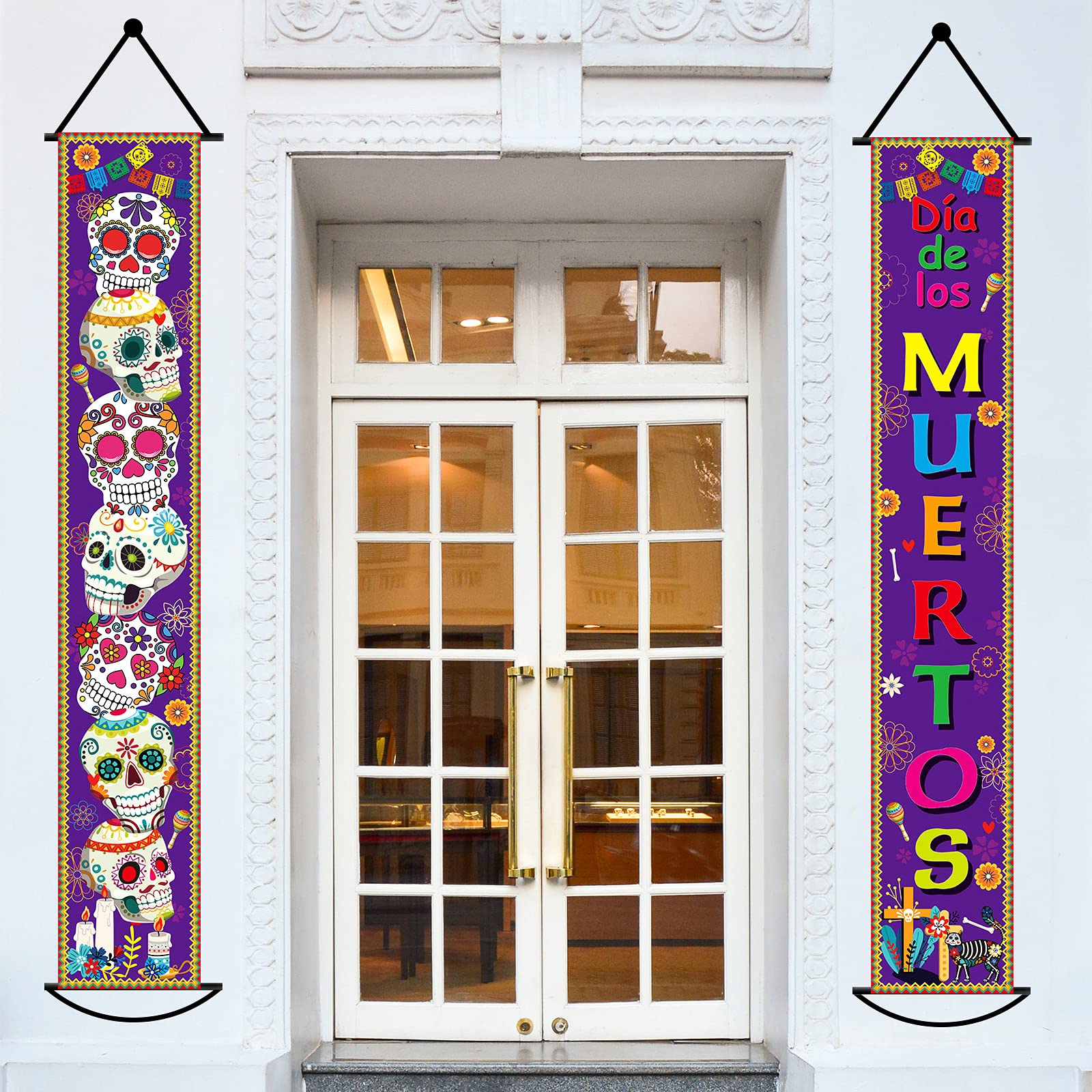 Day of The Dead Decorations Banner Mexican Party Dia de Los Muertos Decorations Porch Sign Skull Hanging Flag Fiesta Decoration for Indoor/Outdoor (Purple)