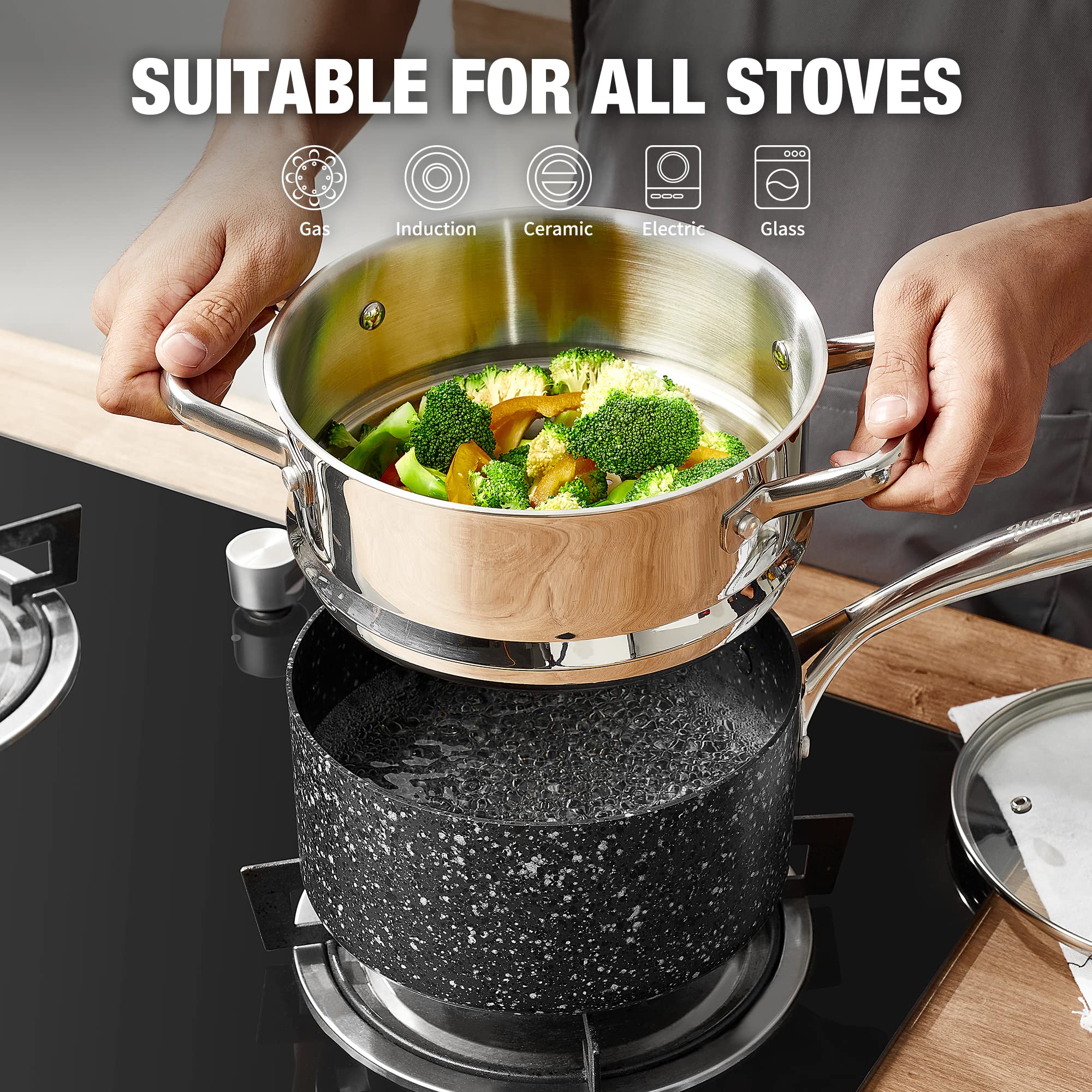 HLAFRG Cookware Set with Premium Non-Stick Coating, Pots and Pans with Stainless steel Handles, Oven Safe and Induction Compatible, 14 Piece Set, Black Granite