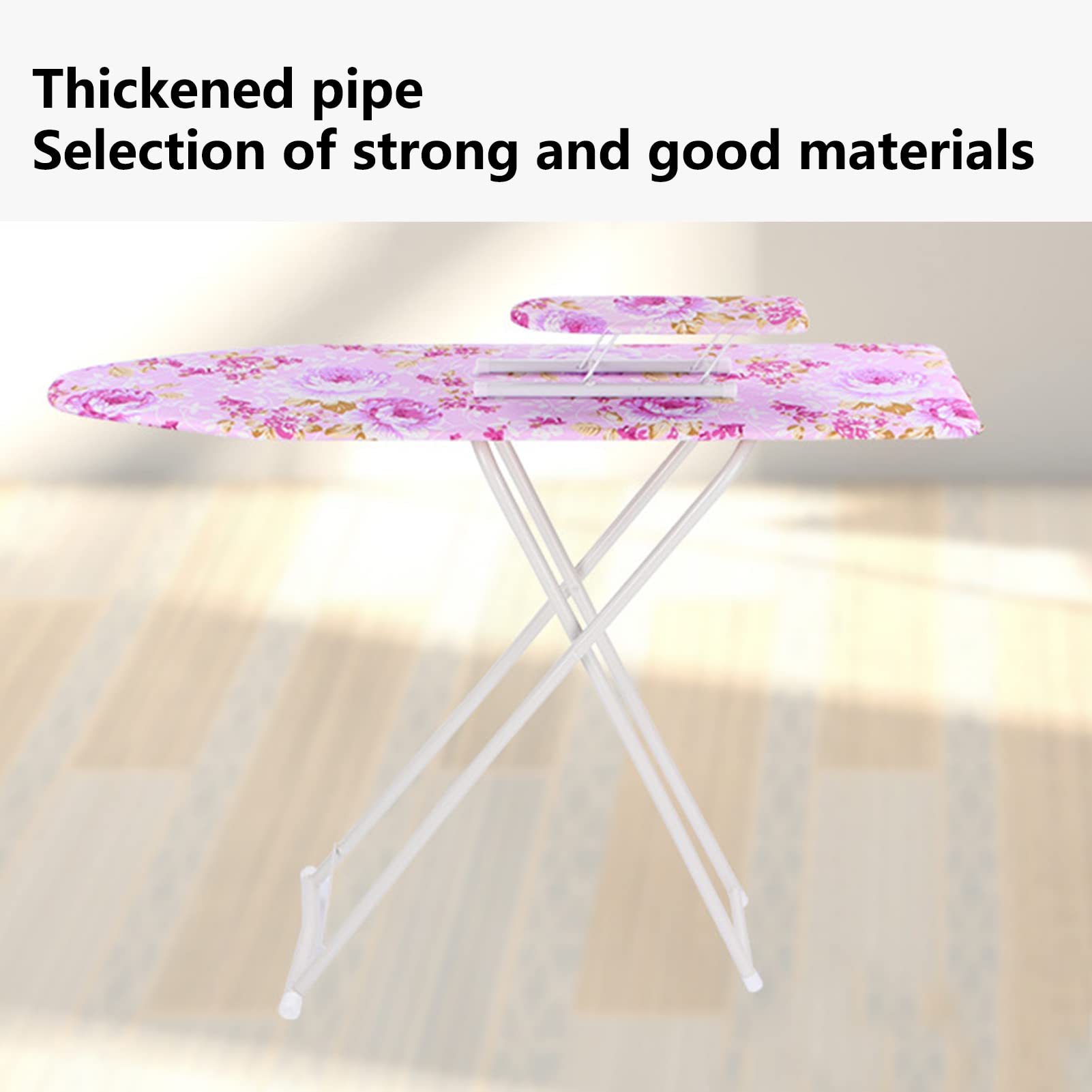 AOKID Ironing Board, 36 x 12 Inch Full Size Standard Iron Board with Pink Printing Wood Cover, Height Adjusable Space Saving Small Ironing Board Heavy Duty Metal Legs Iron Table for Laundry Room, Dorm