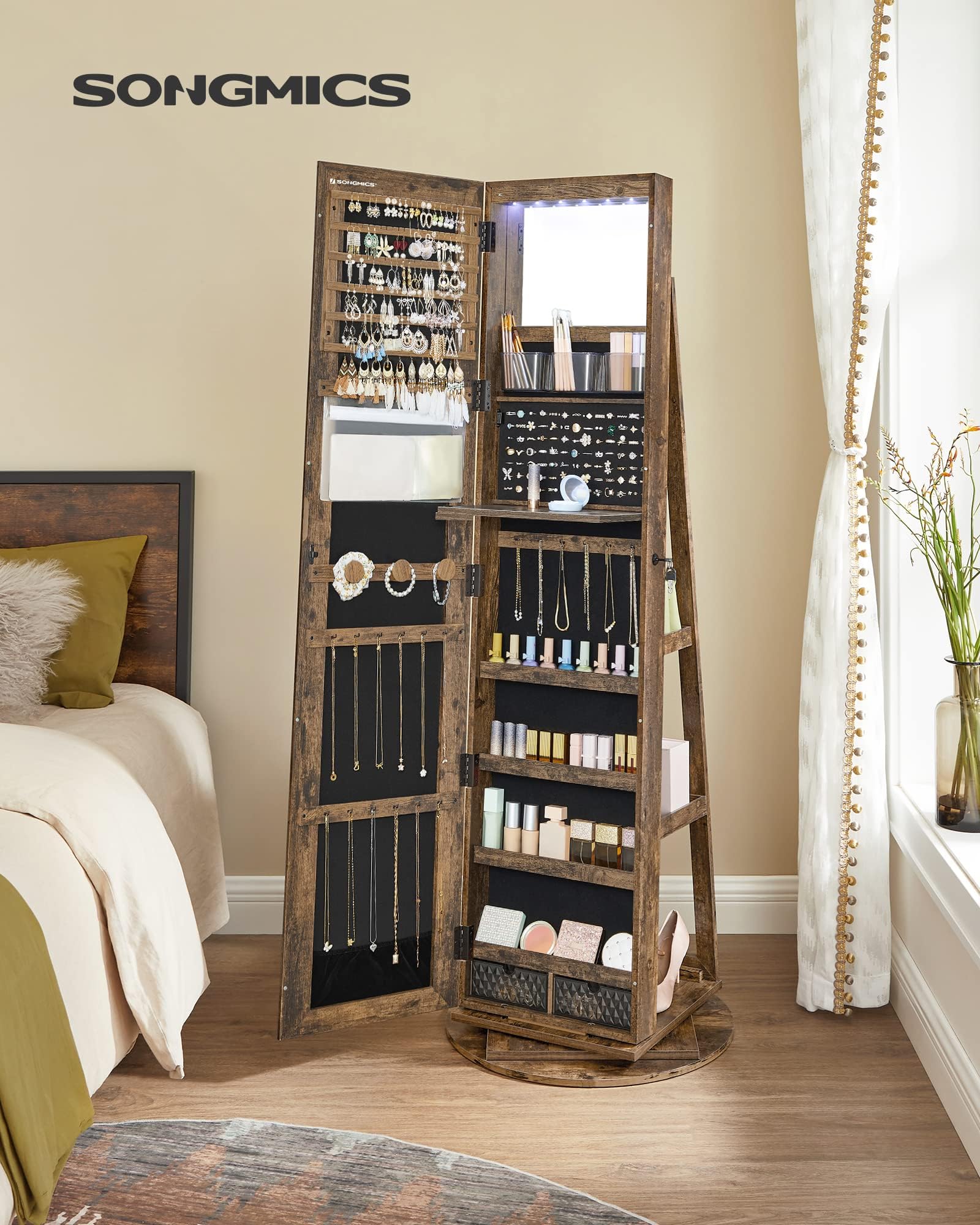 SONGMICS 6 LEDs Lockable Mirror Jewelry Cabinet, 360°Swivel Jewelry Organizer, Standing Jewelry Armoire, Frameless Full-Length Mirror, 3 Storage Shelves, Rustic Brown Surface, Black Lining UJJC007X01