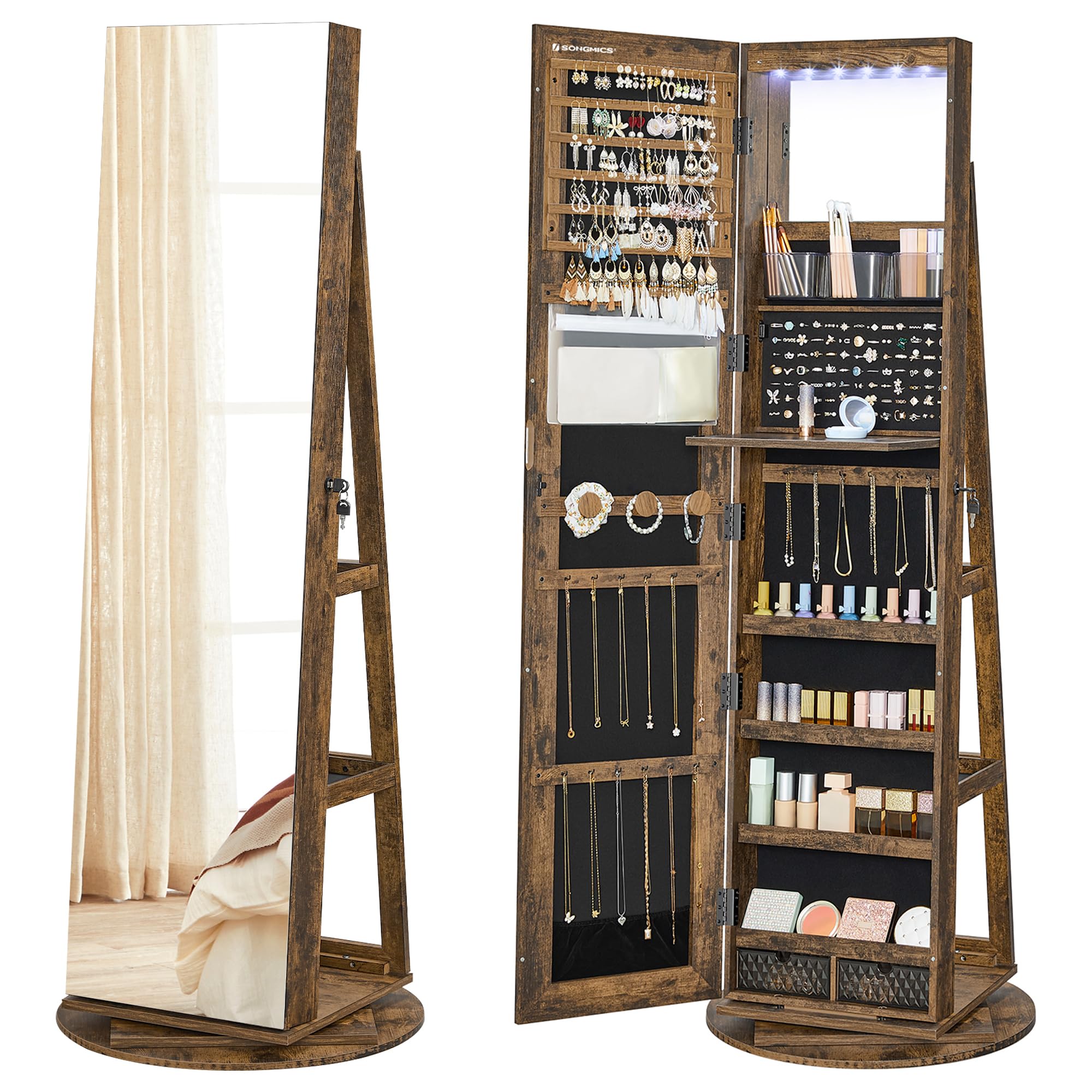 SONGMICS 6 LEDs Lockable Mirror Jewelry Cabinet, 360°Swivel Jewelry Organizer, Standing Jewelry Armoire, Frameless Full-Length Mirror, 3 Storage Shelves, Rustic Brown Surface, Black Lining UJJC007X01