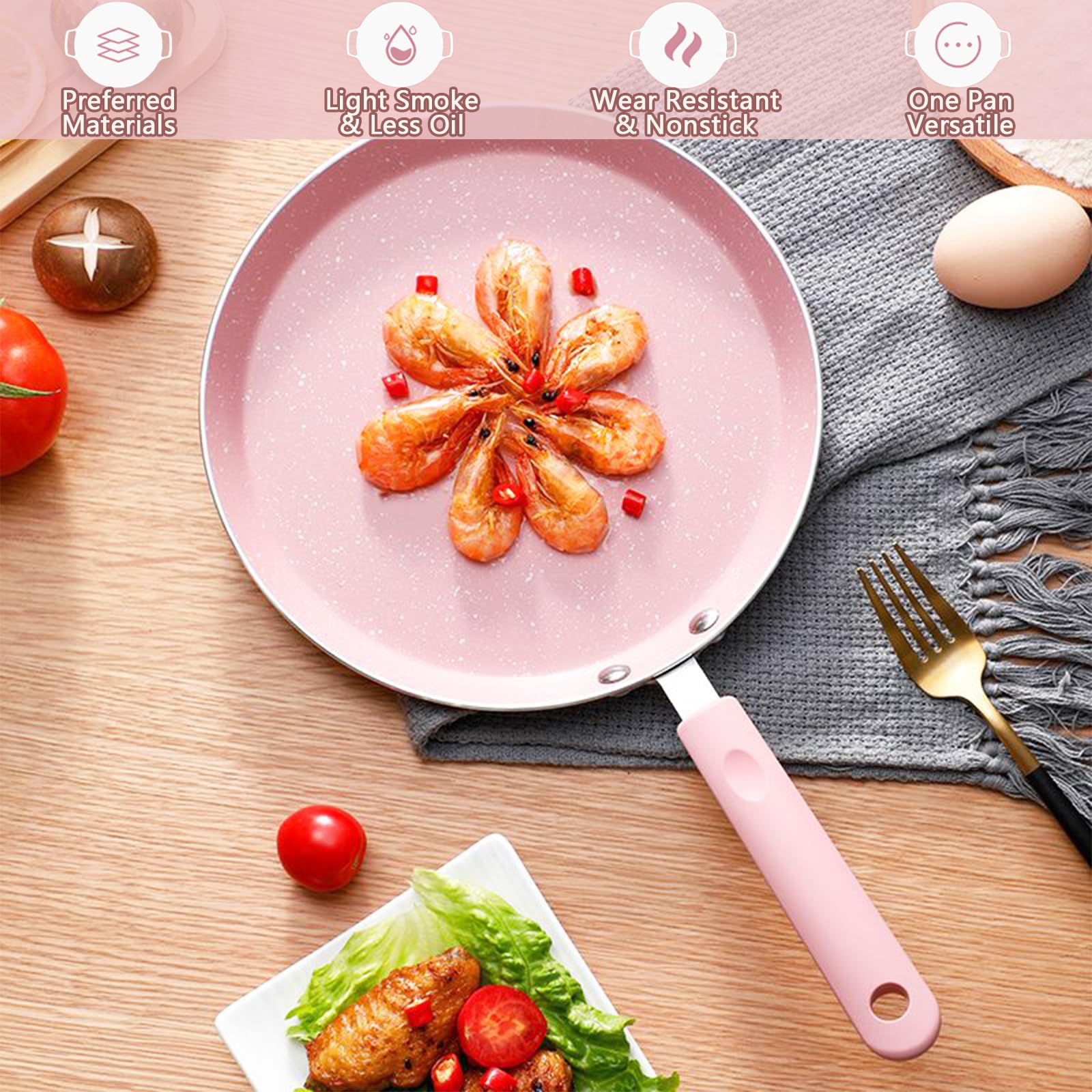 JUSTUP Nonstick Frying Pan Set,3 Piece Pots and Pans Set Nonstick,Pink Kitchen Cookware Sets with Non Stick Pan Coating,10 Inch,8 Inch and 6 Inch Non Stick Cooking Set Suitable for All Stoves (Pink)