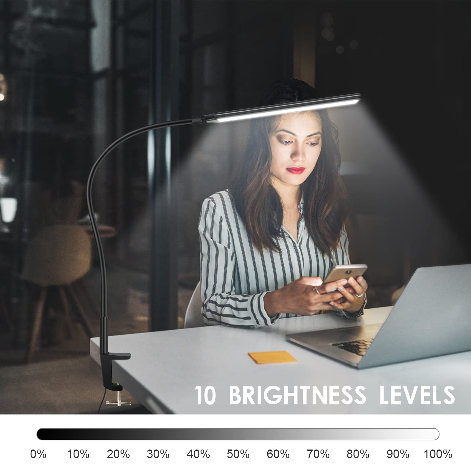 ODOM LED Desk Lamp, Swing Arm Table Lamp with Clamp, Flexible Gooseneck Reading Lights, Eye-Care Architect Task Lamp, 3 Color 10 Brightness Modes Desk Light for Home Office, Reading, Study, Dorm