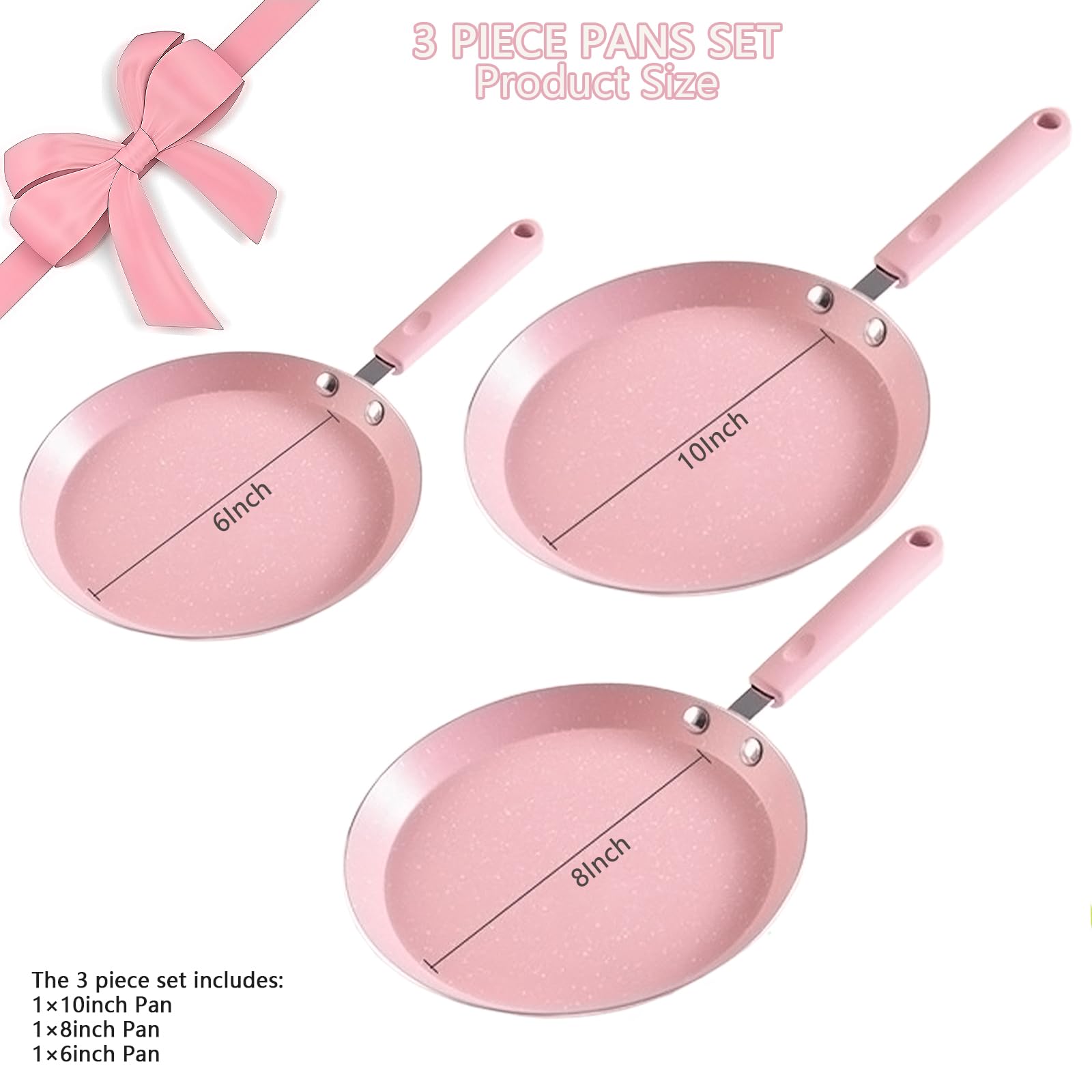 JUSTUP Nonstick Frying Pan Set,3 Piece Pots and Pans Set Nonstick,Pink Kitchen Cookware Sets with Non Stick Pan Coating,10 Inch,8 Inch and 6 Inch Non Stick Cooking Set Suitable for All Stoves (Pink)