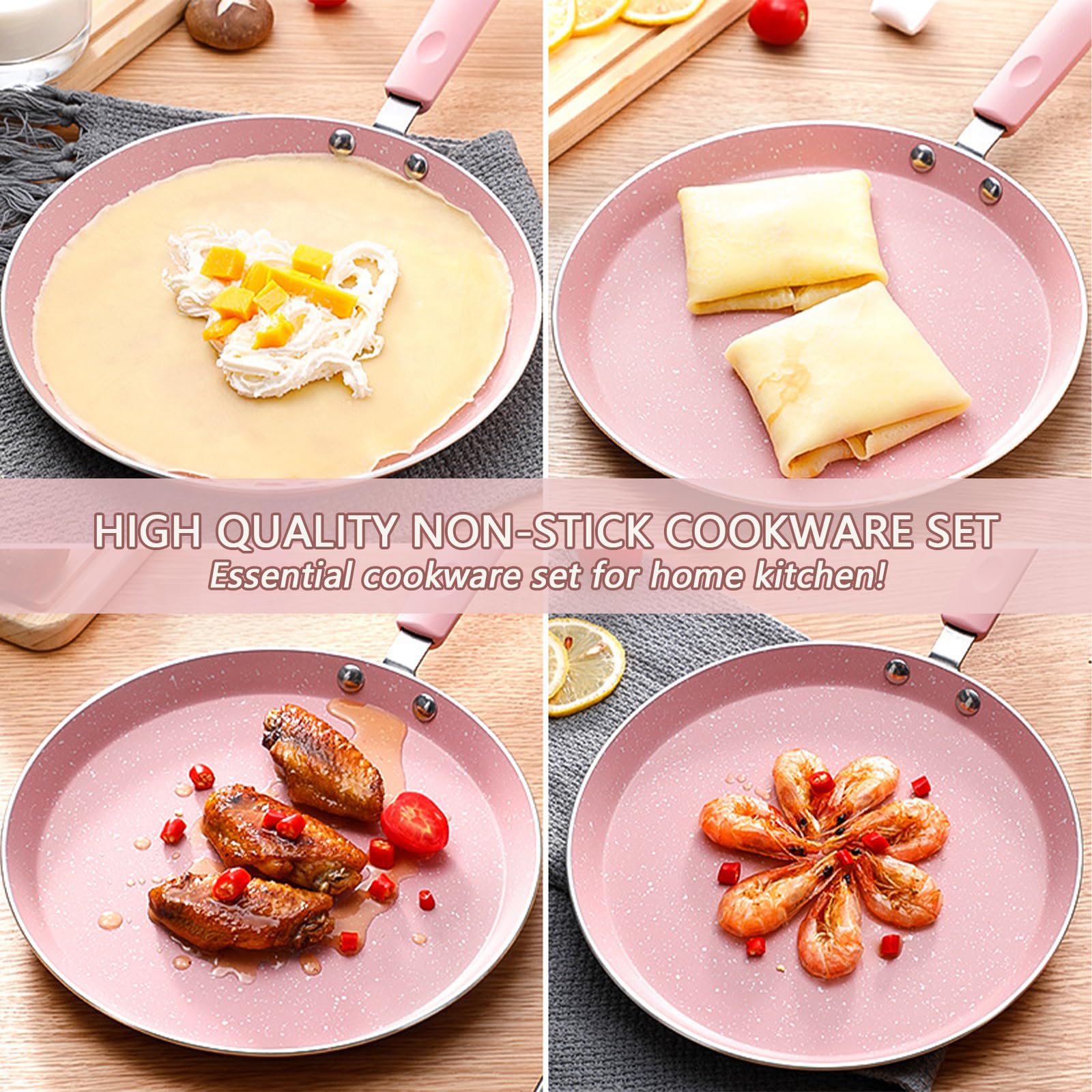 JUSTUP Nonstick Frying Pan Set,3 Piece Pots and Pans Set Nonstick,Pink Kitchen Cookware Sets with Non Stick Pan Coating,10 Inch,8 Inch and 6 Inch Non Stick Cooking Set Suitable for All Stoves (Pink)