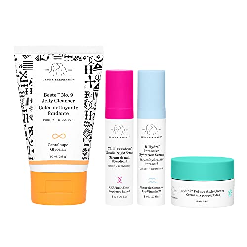 Drunk Elephant Littles Night Out Evening Skin Kit – Night Skin Care Set. Beste No. 9 Jelly Cleaner, T.L.C. Framboos Glycolic Night Serum, B-Hydra Intensive Hydration Serum, Protini Peptide Cream
