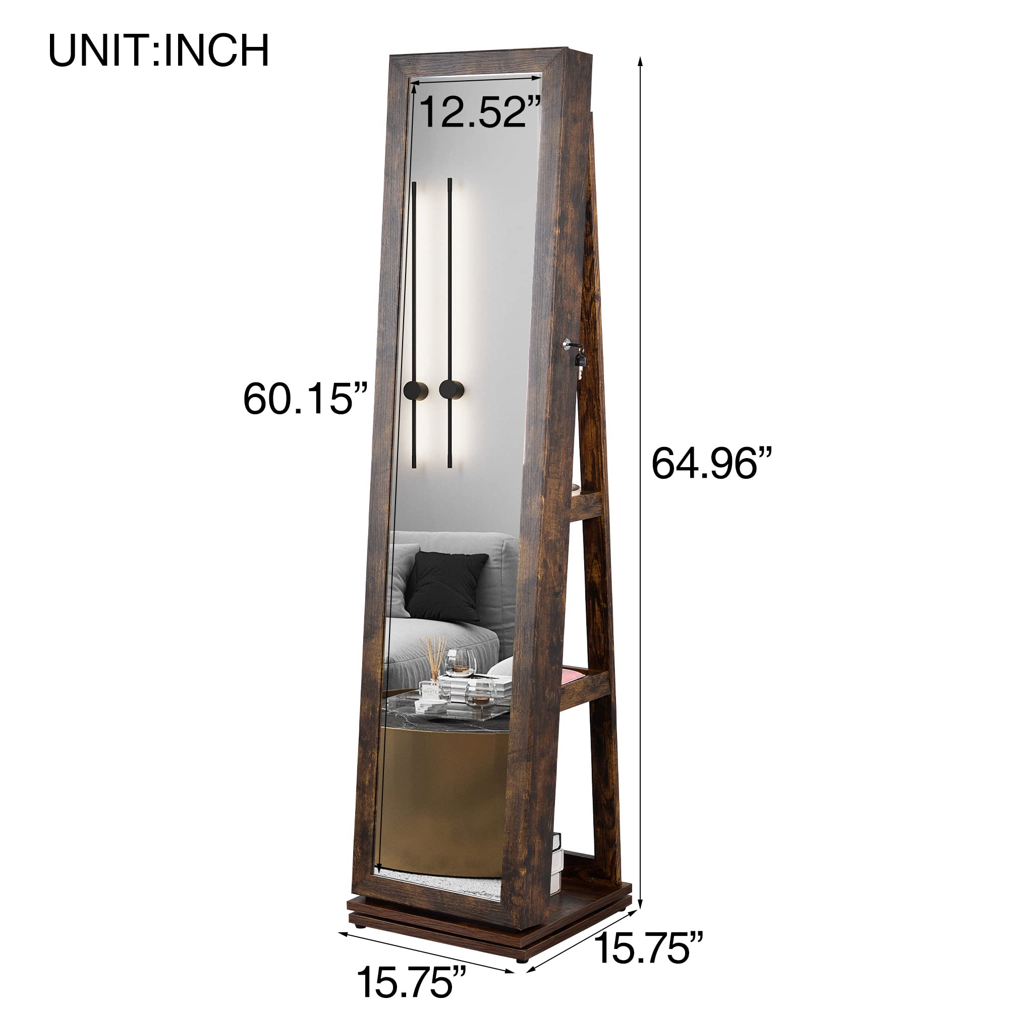 HOUAGI Mirror Jewelry Cabinet Standing,360°Rotating Jewelry Armoire Organizer with Full Length Mirror,Rear Storage Shelves,Built-in Small Mirror (Antique Gray)