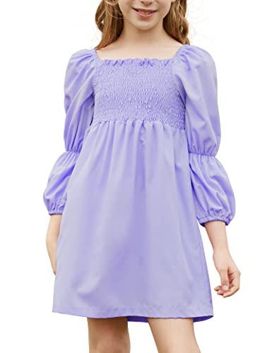 Girl Dresses Square Neck Long Puff Sleeve A-Line Casual Elegant Dress for Girls Purple 7-8 Years