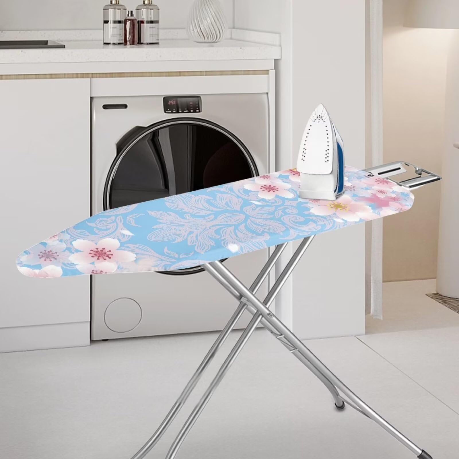 Psesaysky Flowers Iron Board Cover Standard Size Heavy Duty Thick Padding with Hook and Loop Extra Wide Ironing Pad for Table Easy Install Pink
