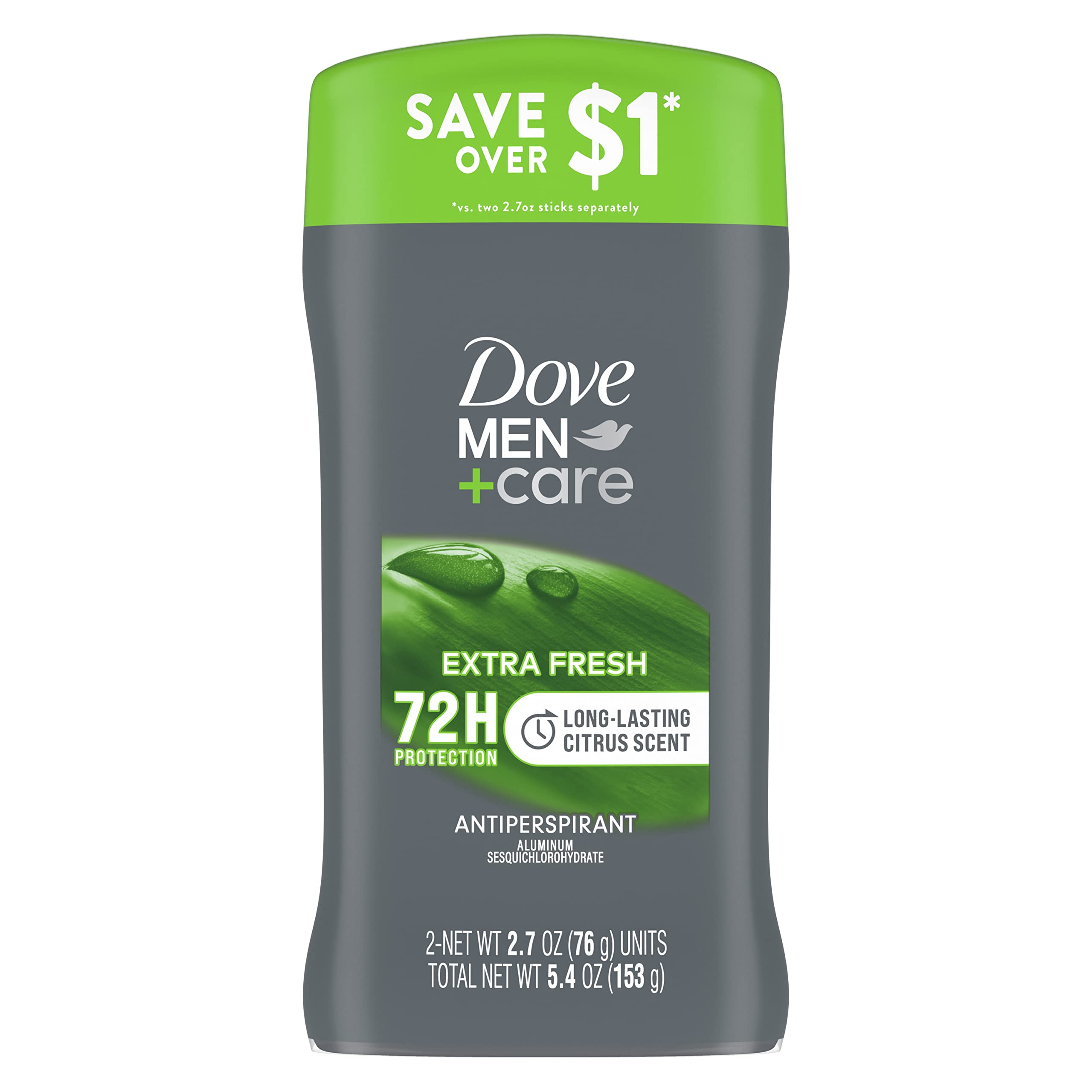 Dove Men+Care Extra Fresh Men's Antiperspirant Deodorant Stick Extra Fresh Twin pack With 72-hour sweat & odor protection with 1/4 Moisturizing Cream & Long-lasting Citrus Scent 2.7 oz