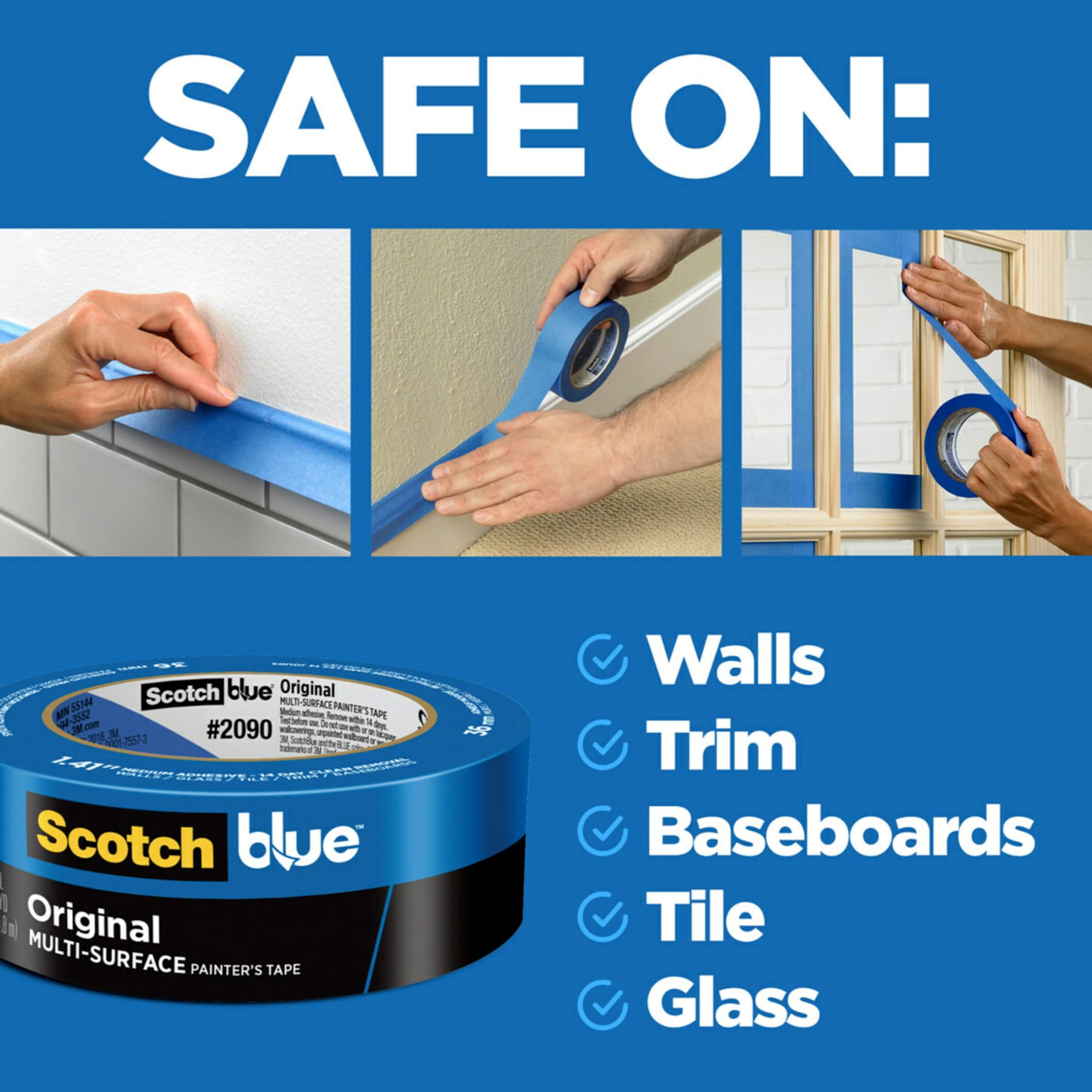 ScotchBlue Original Multi-Surface Painter's Tape, Blue, Paint Tape Protects Surfaces and Removes Easily, Multi-Surface Painting Tape for Indoor and Outdoor Use, 0.94 Inches x 60 Yards, 3 Rolls