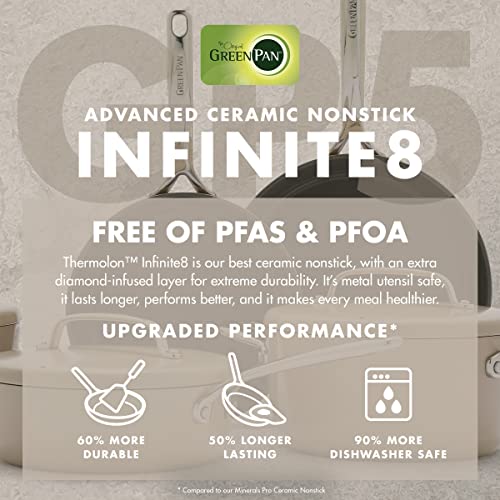 GreenPan GP5 Hard Anodized Healthy Ceramic Nonstick 14 Piece Cookware Pots and Pans Set,Heavy Gauge Scratch Resistant,Stay-Flat Surface, Induction, Mirror Finish Handle,Oven Safe,PFAS-Free,Taupe