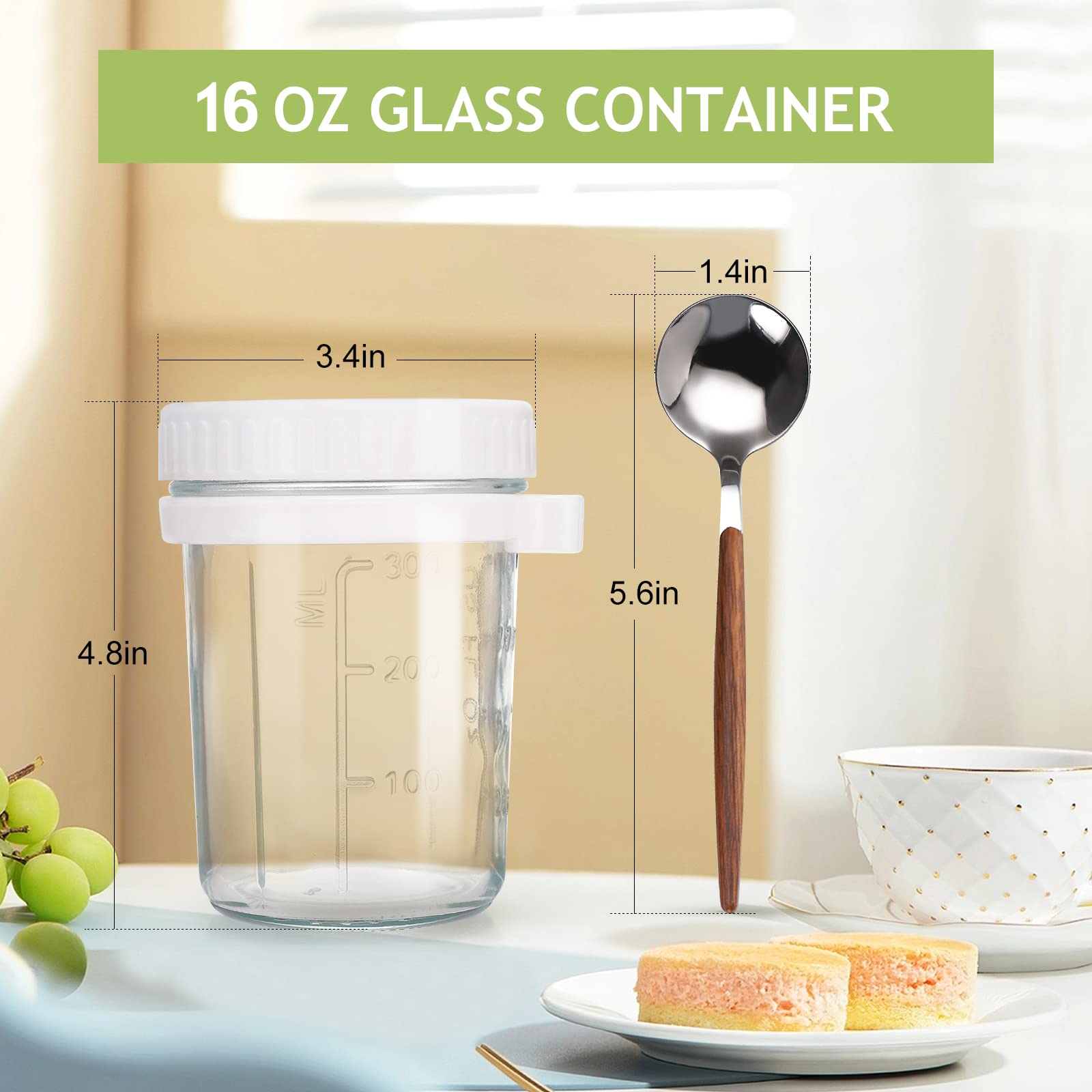 Xigugo Overnight Oats Jars, Overnight Oats Container with Lid and Spoon, 10 oz Cereal, Milk, Vegetable and fruit Salad Storage Container with Measurement Marks (white2)