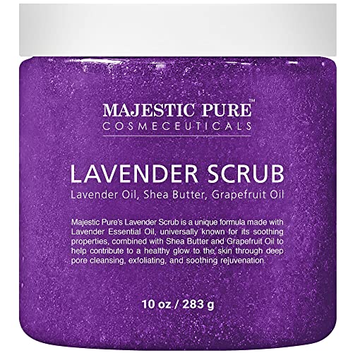 Lavender Oil Body Scrub Exfoliator with Shea Butter and Grapefruit Oil by Majestic Pure - Exfoliate & Moisturize Skin, Fights Acne - 10 oz