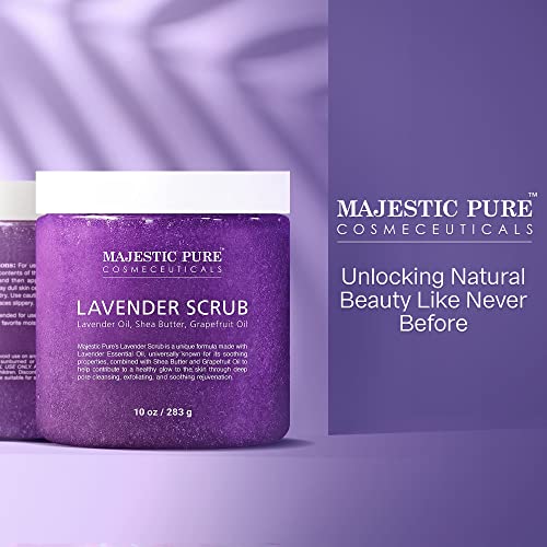 Lavender Oil Body Scrub Exfoliator with Shea Butter and Grapefruit Oil by Majestic Pure - Exfoliate & Moisturize Skin, Fights Acne - 10 oz