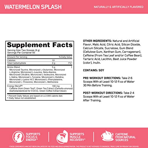 Optimum Nutrition Amino Energy + Electrolytes Powder - Pre Workout, BCAAs, Amino Acids, Keto Friendly, Energy Powder - Watermelon Splash, 65 Servings