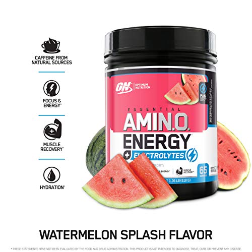 Optimum Nutrition Amino Energy + Electrolytes Powder - Pre Workout, BCAAs, Amino Acids, Keto Friendly, Energy Powder - Watermelon Splash, 65 Servings