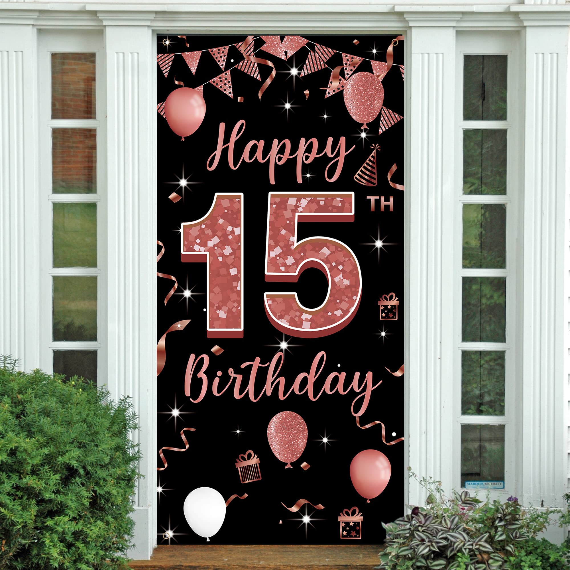 15th Birthday Decorations Backdrop Door Banner, Happy 15th Birthday Decorations for Girls, Black Rose Gold Door Cover Sign, 15 Birthday Party Decoration for Teen Girls, Fabric 6.1ft x 3ft PHXEY