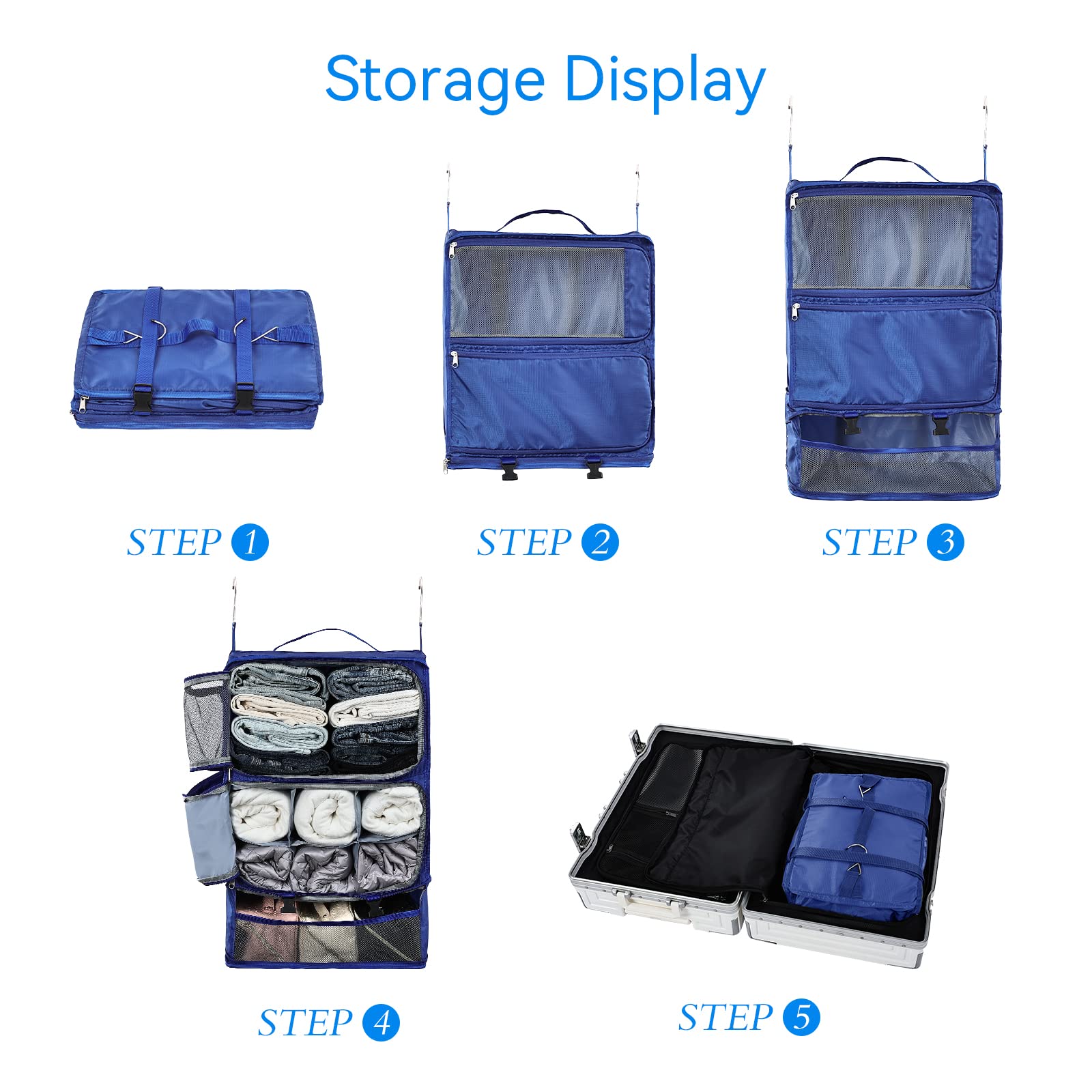 Surblue Hanging Travel Shelves Compression Packing Cube for Carry-on Luggage Suitcase Collapsible with Extension Layer Large Capacity, Blue, XXL