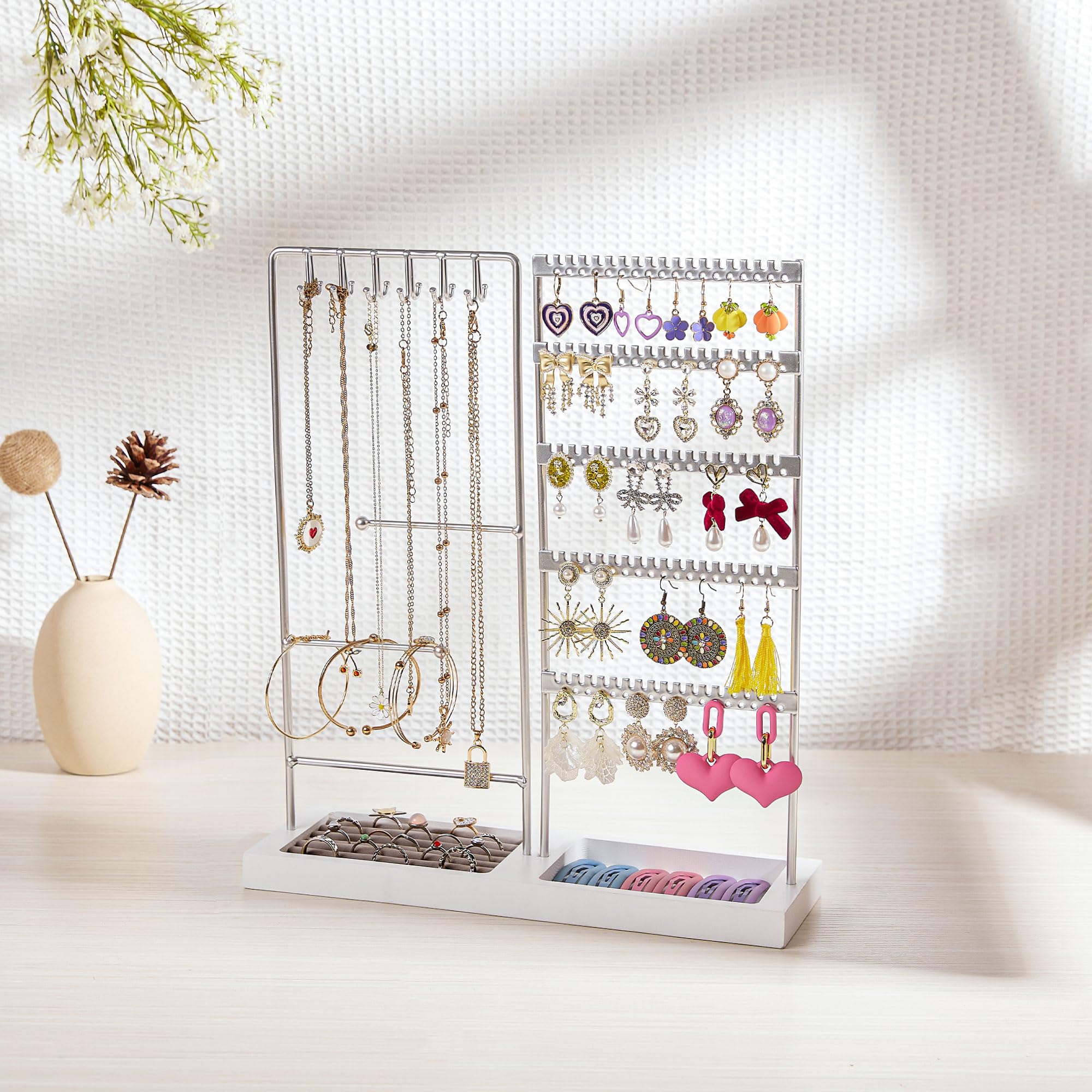 Vtopmart Jewelry Holder Organizer Stand Tree for Earring Necklace Ring Bracelets Display and Storage, with 90 Holes, 12 Hooks, Silver+White