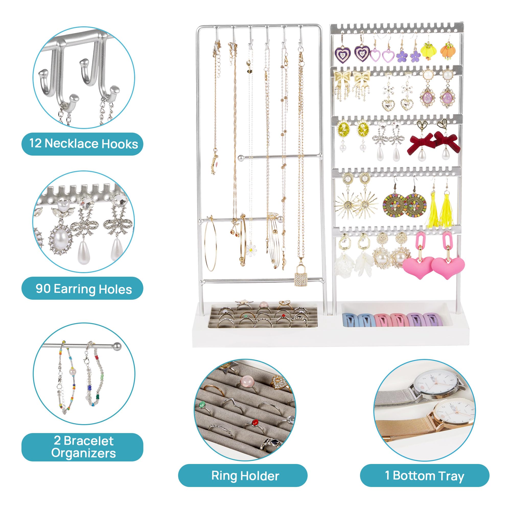 Vtopmart Jewelry Holder Organizer Stand Tree for Earring Necklace Ring Bracelets Display and Storage, with 90 Holes, 12 Hooks, Silver+White