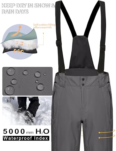 Mapamyumco Men's Ski Bib Pants Snow Insulated, Snowboard Hiking Pants Waterproof Windproof with Detachable Suspenders Iron Gate XL