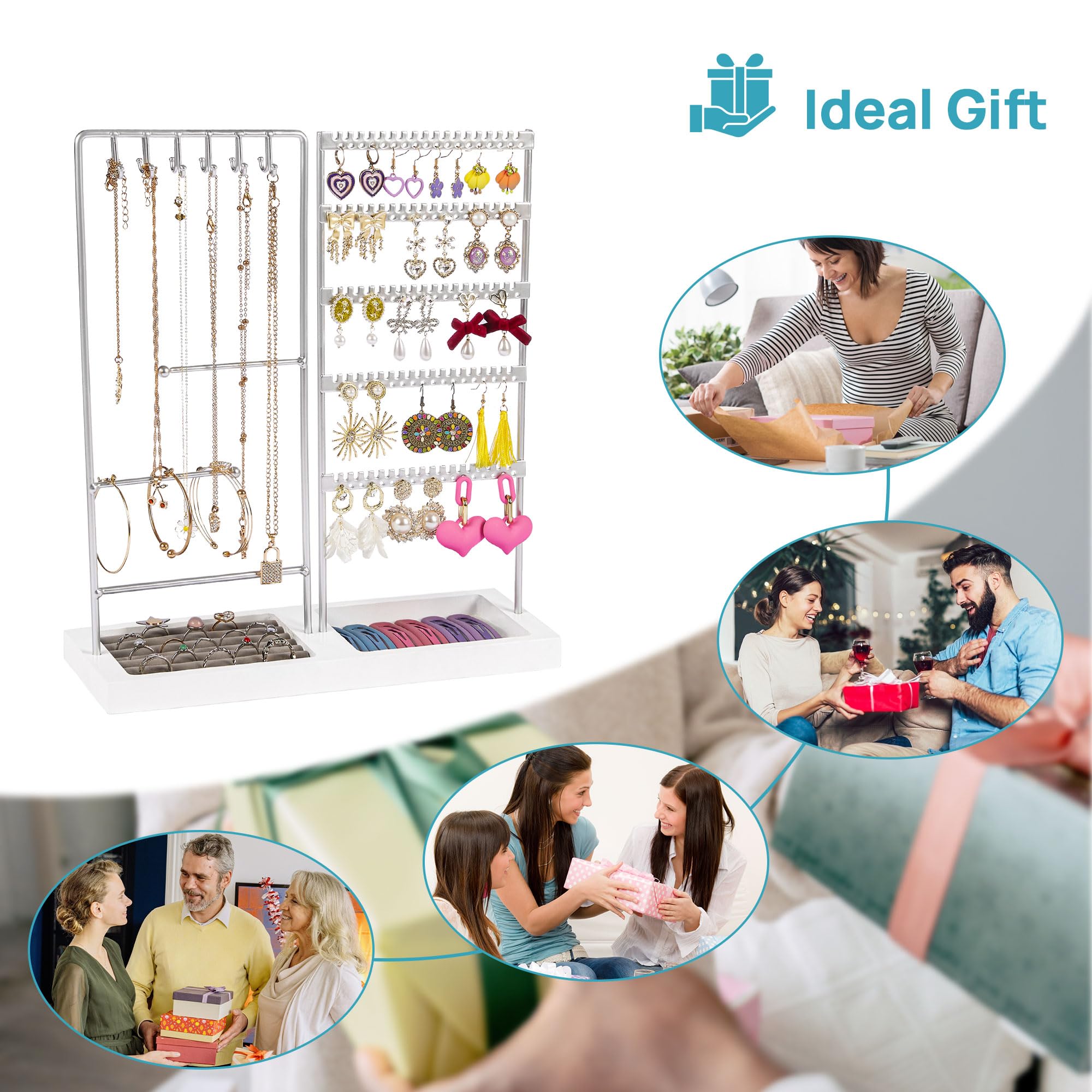 Vtopmart Jewelry Holder Organizer Stand Tree for Earring Necklace Ring Bracelets Display and Storage, with 90 Holes, 12 Hooks, Silver+White