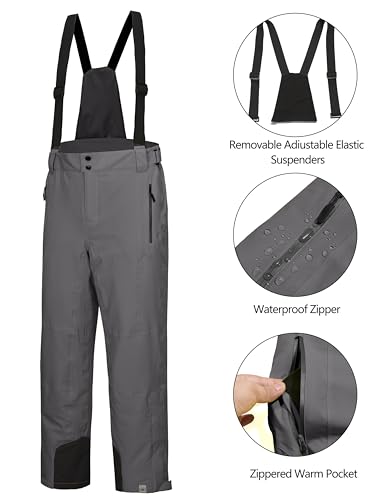 Mapamyumco Men's Ski Bib Pants Snow Insulated, Snowboard Hiking Pants Waterproof Windproof with Detachable Suspenders Iron Gate XL