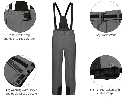 Mapamyumco Men's Ski Bib Pants Snow Insulated, Snowboard Hiking Pants Waterproof Windproof with Detachable Suspenders Iron Gate XL