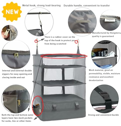 Hongmeru Portable Hanging Travel Shelves Packing Cubes for Suitcases Organizer Luggage Organizers for Suitcase, Carry on Closet Suitcase, XL, Grey