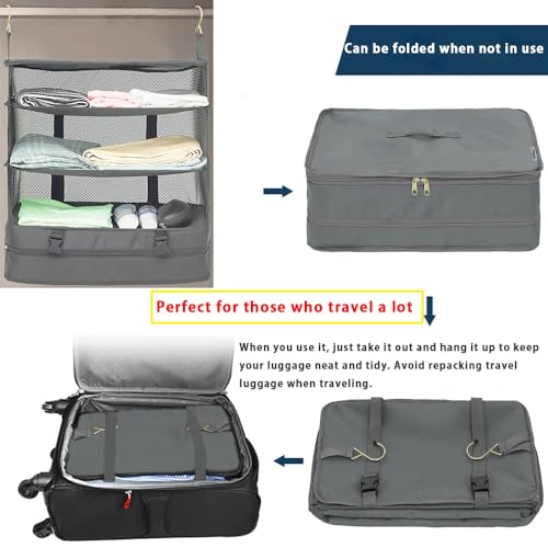 Hongmeru Portable Hanging Travel Shelves Packing Cubes for Suitcases Organizer Luggage Organizers for Suitcase, Carry on Closet Suitcase, XL, Grey