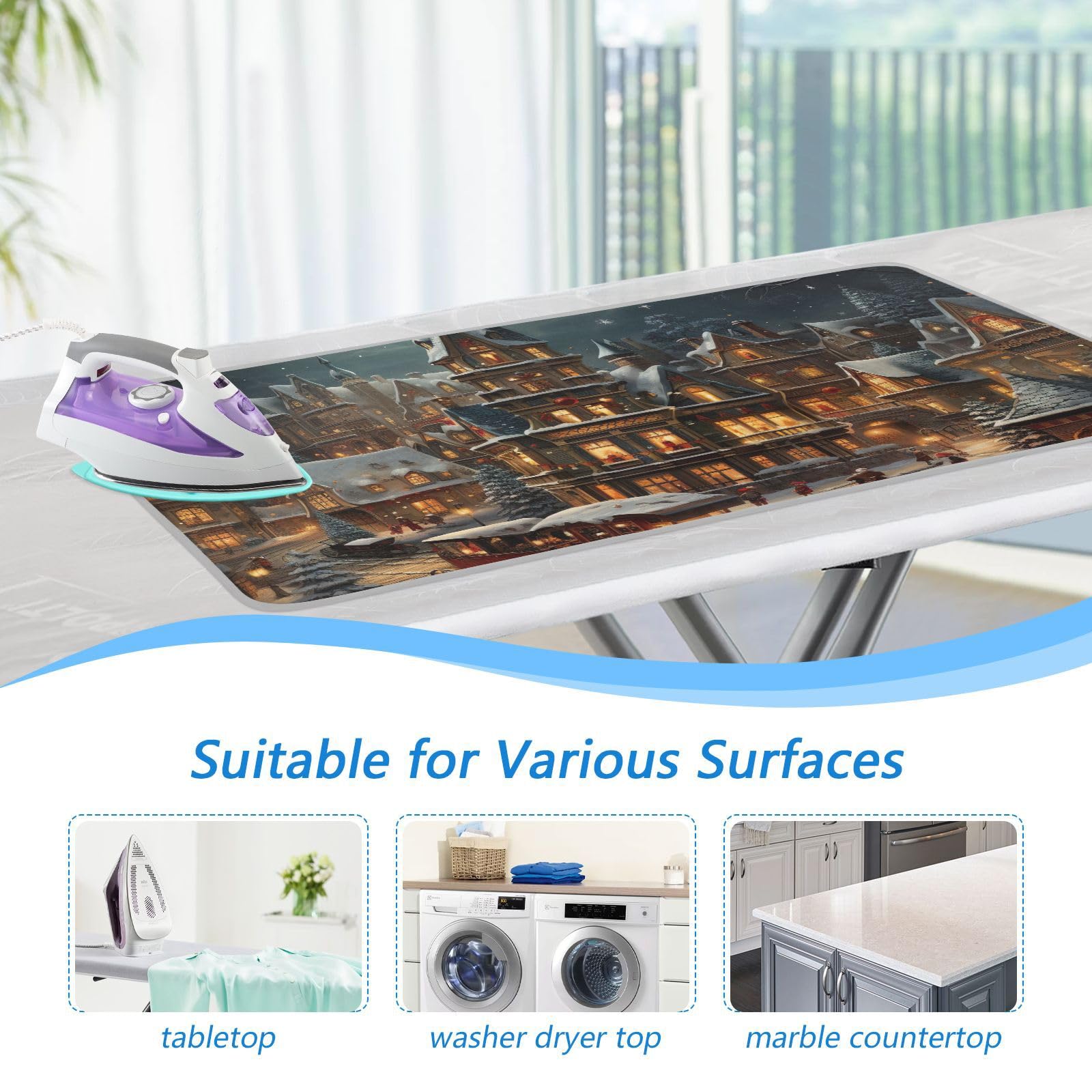 GOODOLD Christmas Town Ironing Mat Portable Travel Ironing Pad for Washer,Dryer,Table Top, Iron Board Alternative Cover, Large Heat Resistant Ironing Blanket
