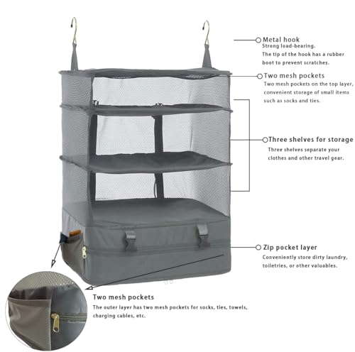 Hongmeru Portable Hanging Travel Shelves Packing Cubes for Suitcases Organizer Luggage Organizers for Suitcase, Carry on Closet Suitcase, XL, Grey