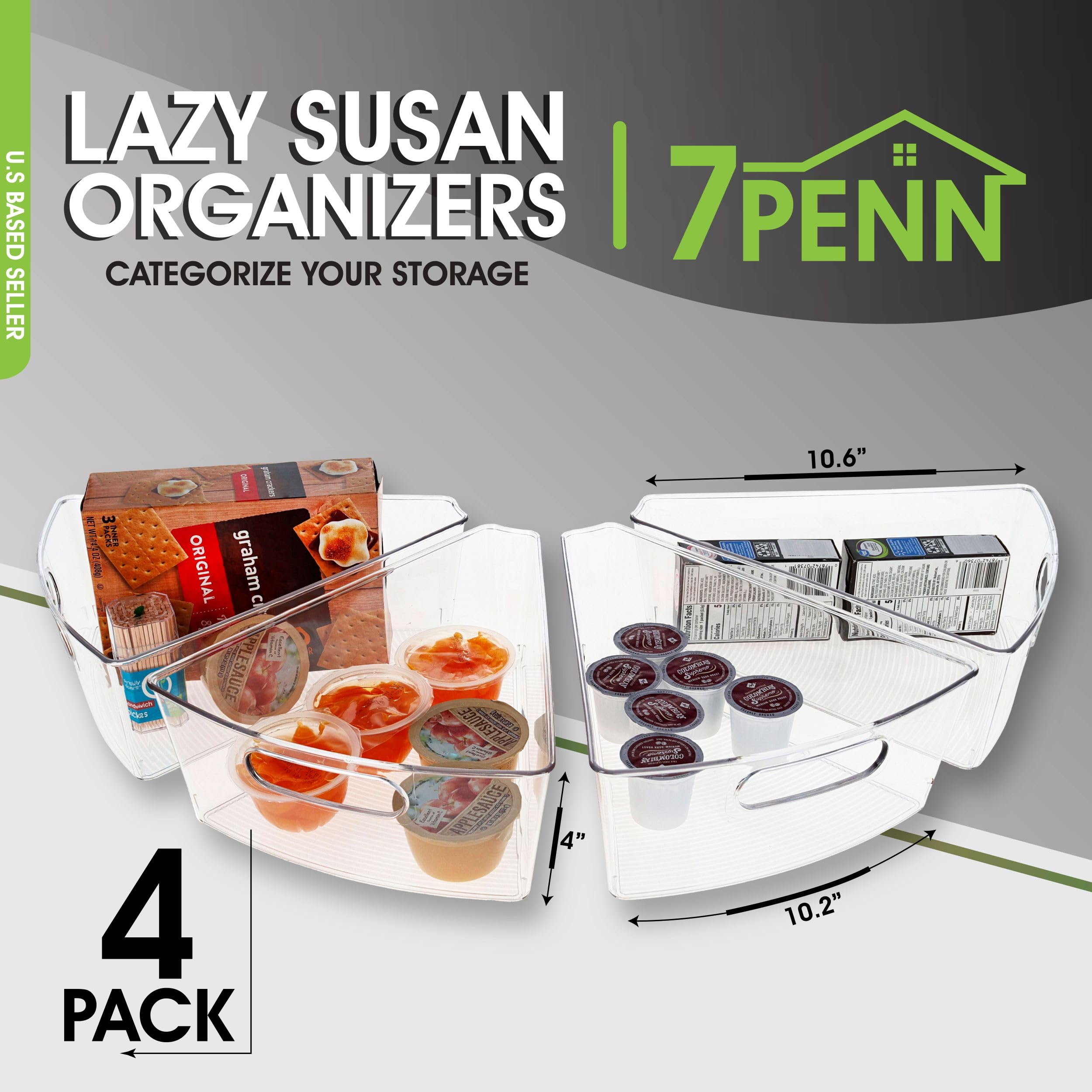 7Penn Lazy Susan Snack Organizer Bins 4pk - 11in Clear Lazy Susan Organizer for 28-29in Diam Rotating Cabinet and Pantry