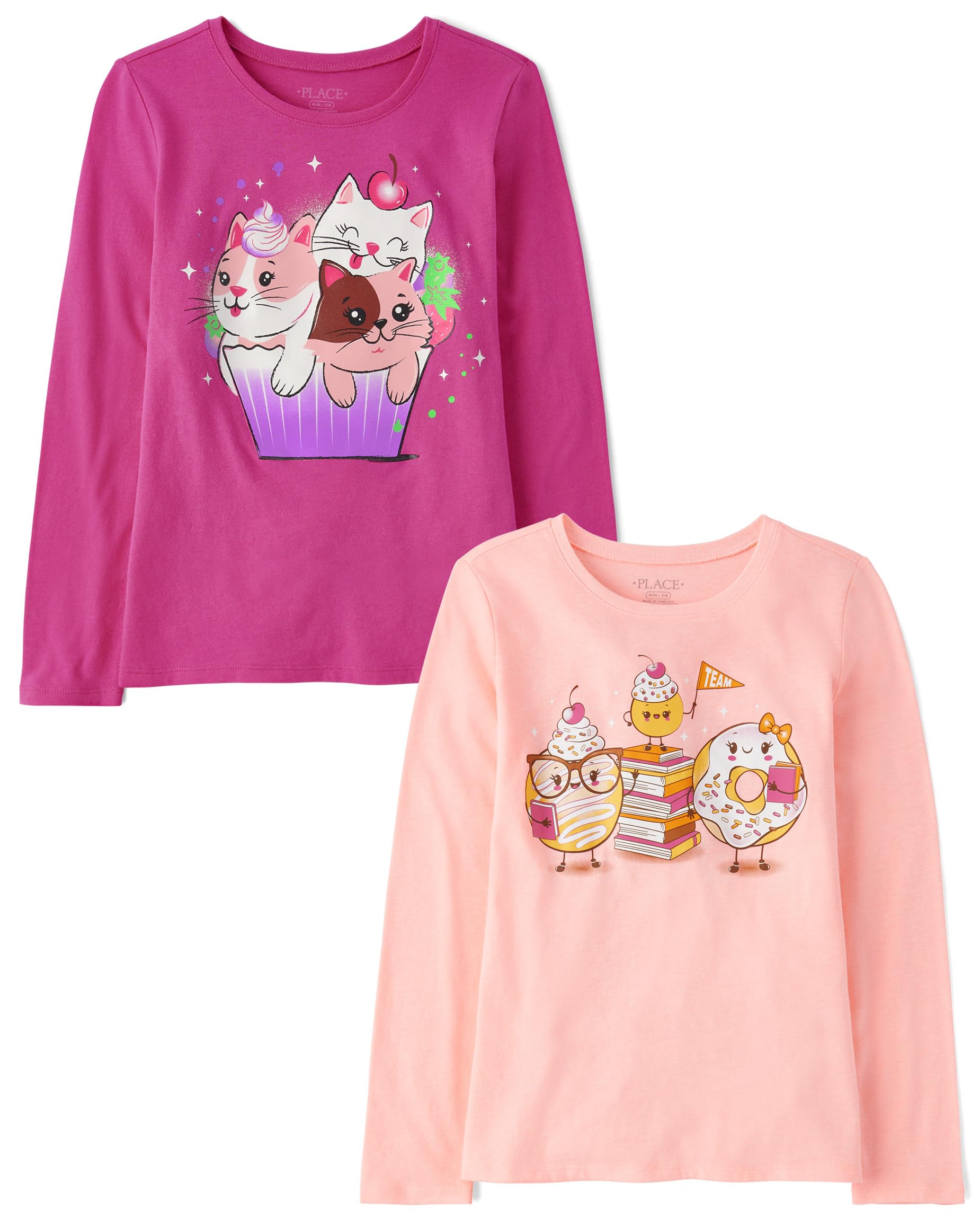 The Children's Place Girls Assorted Everyday Long Sleeve Graphic T-Shirts,Multipacks Cupcake Kitties/Team Dessers 2-Pack X-Large